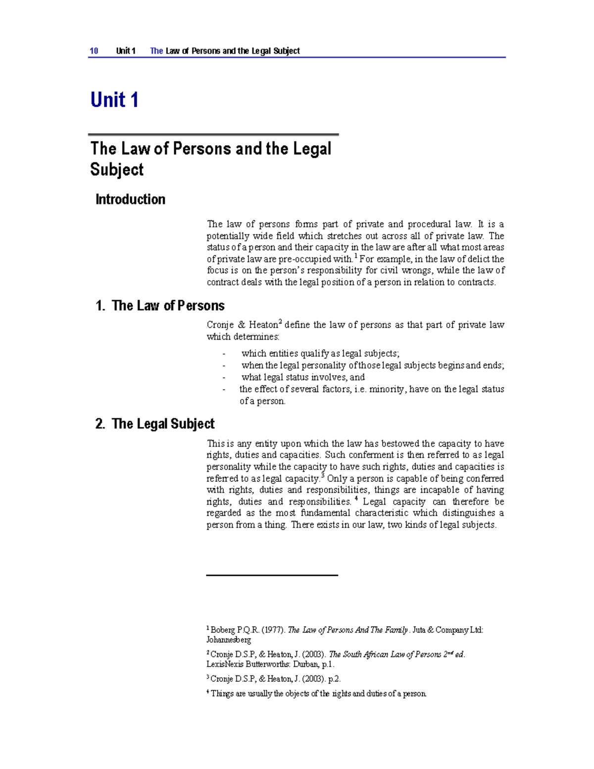 Unit 1 The Law of Persons and the Legal Subject - It is a potentially ...