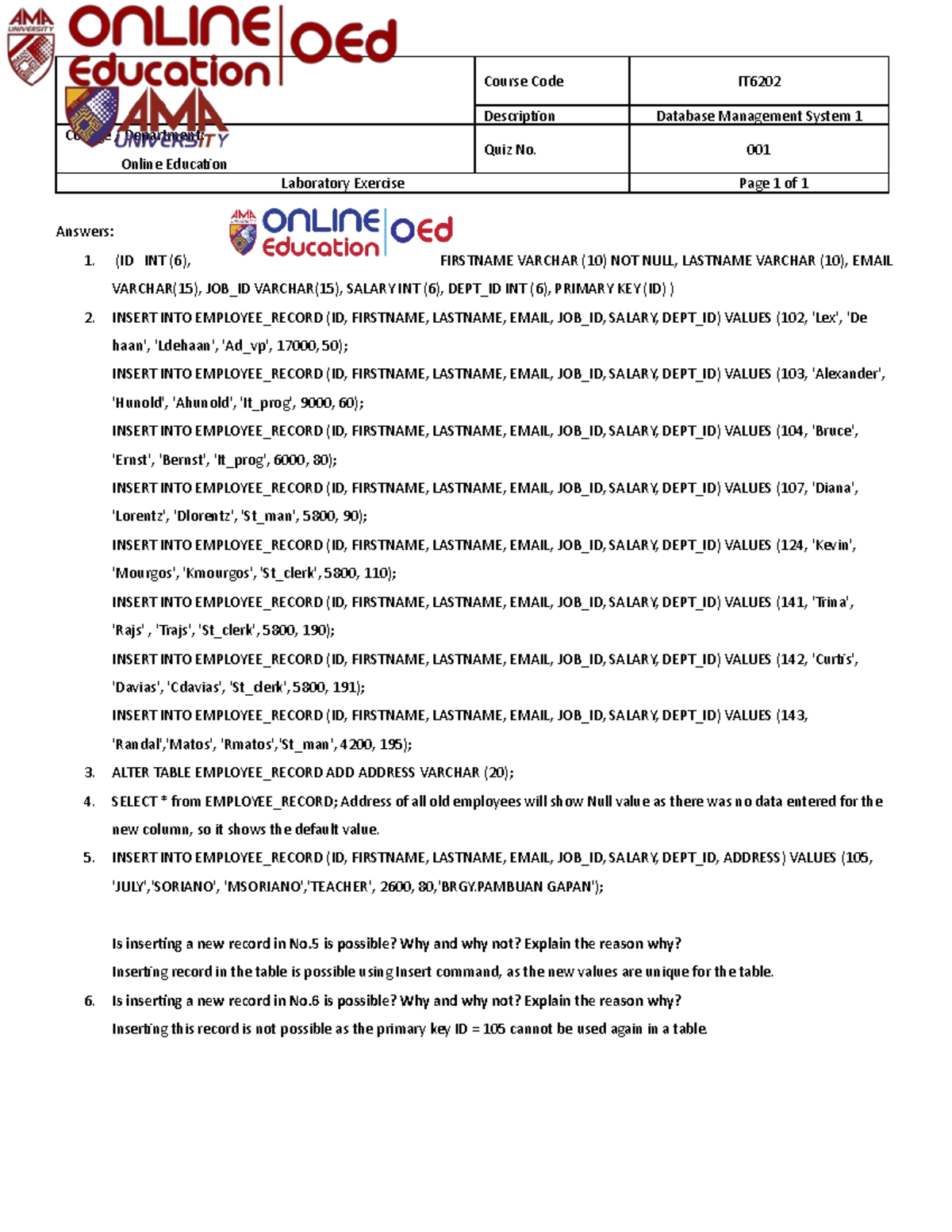 Laboratory Exercise 001 - Course Code IT Description Database Management System 1 College ...