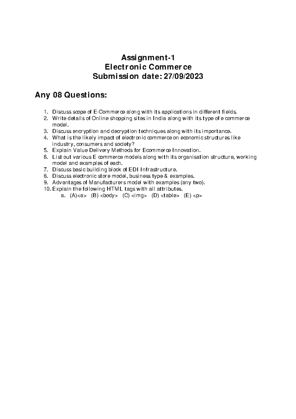 Assignment-1 E-Comm - Discuss scope of E-Commerce - Assignment- Electr onic Commer ce Submission ...