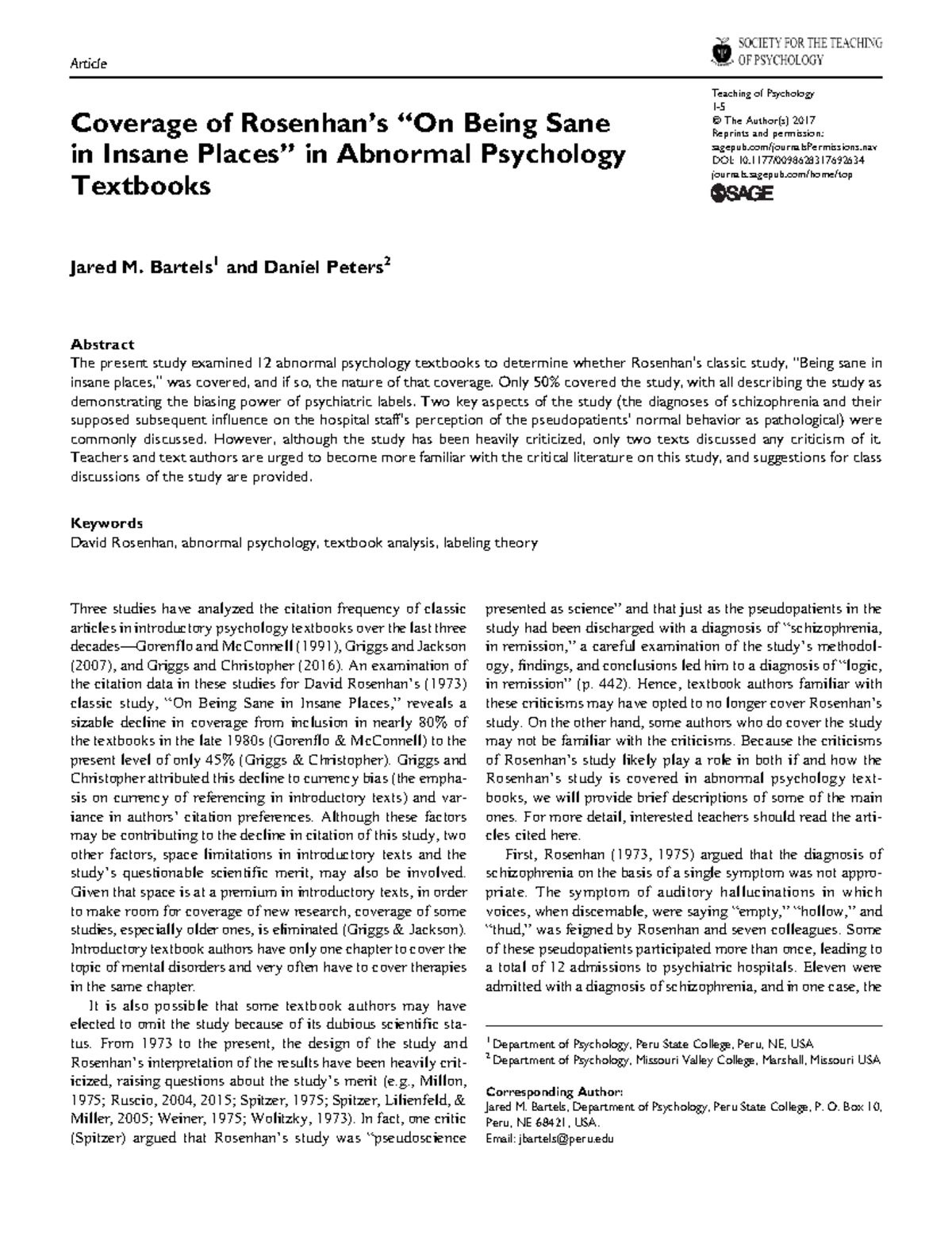 Bartels 2017 - Article Coverage of Rosenhan’s “On Being Sane in Insane ...