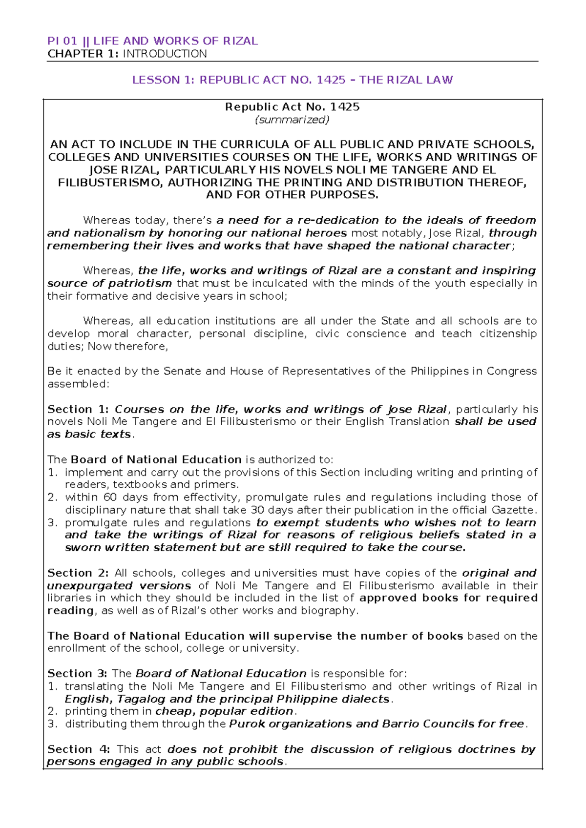 RA 1425 - Rizal Law - CHAPTER 1: INTRODUCTION LESSON 1: REPUBLIC ACT NO ...