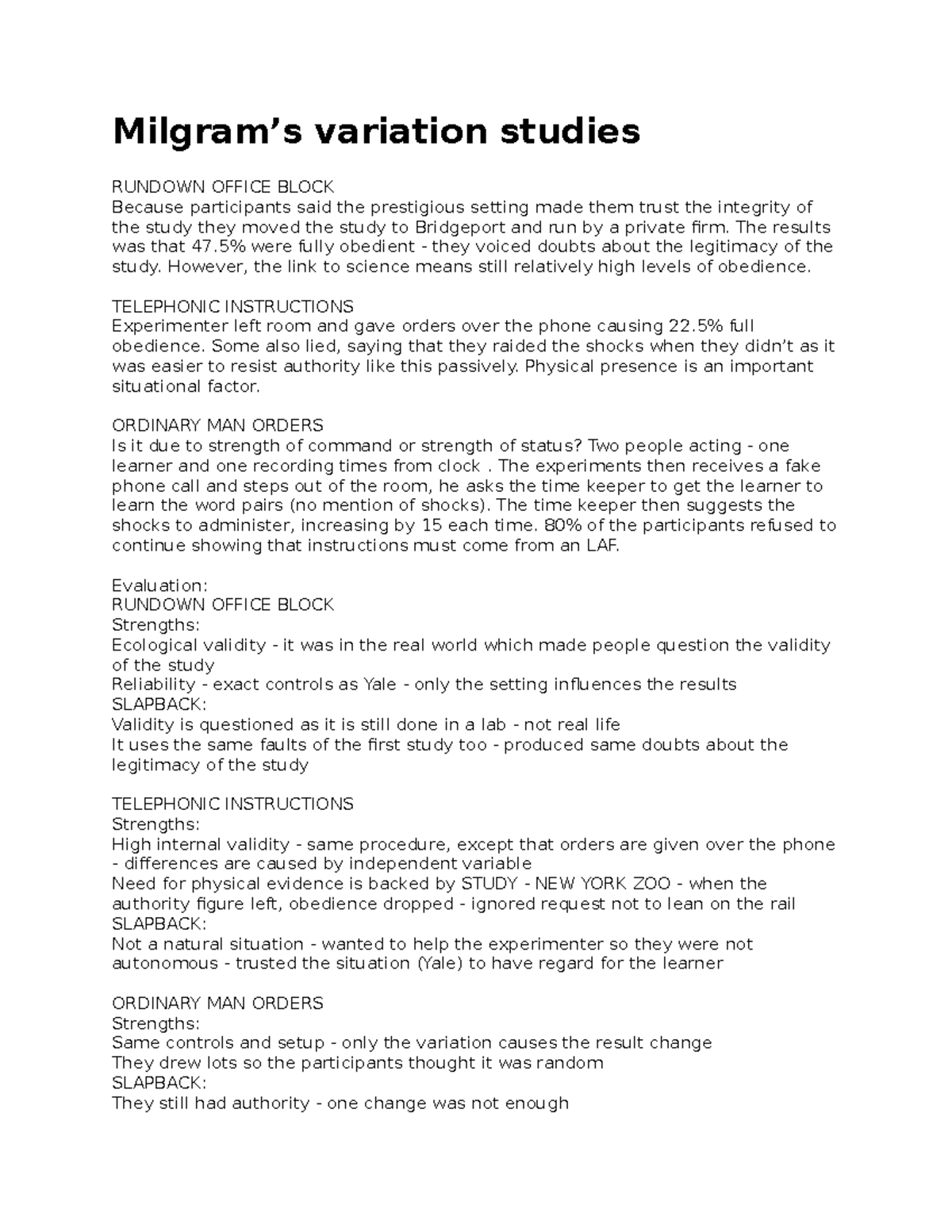 Milgram's variation studies - Milgram’s variation studies RUNDOWN ...