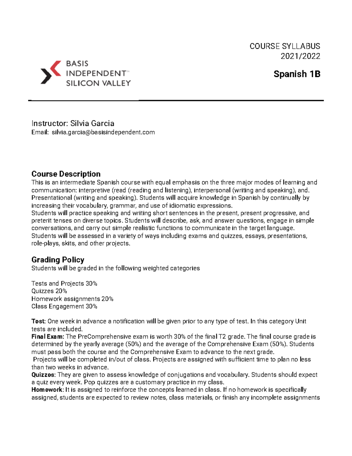 Spanish Garcia-Span 1B Syllabi - COURSE SYLLABUS 2021/ Spanish 1B ...