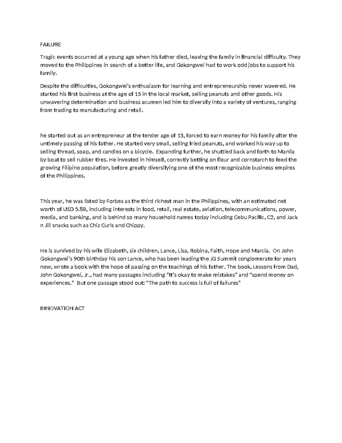 Failure - life of an entreprenuer - FAILURE Tragic events occurred at a ...