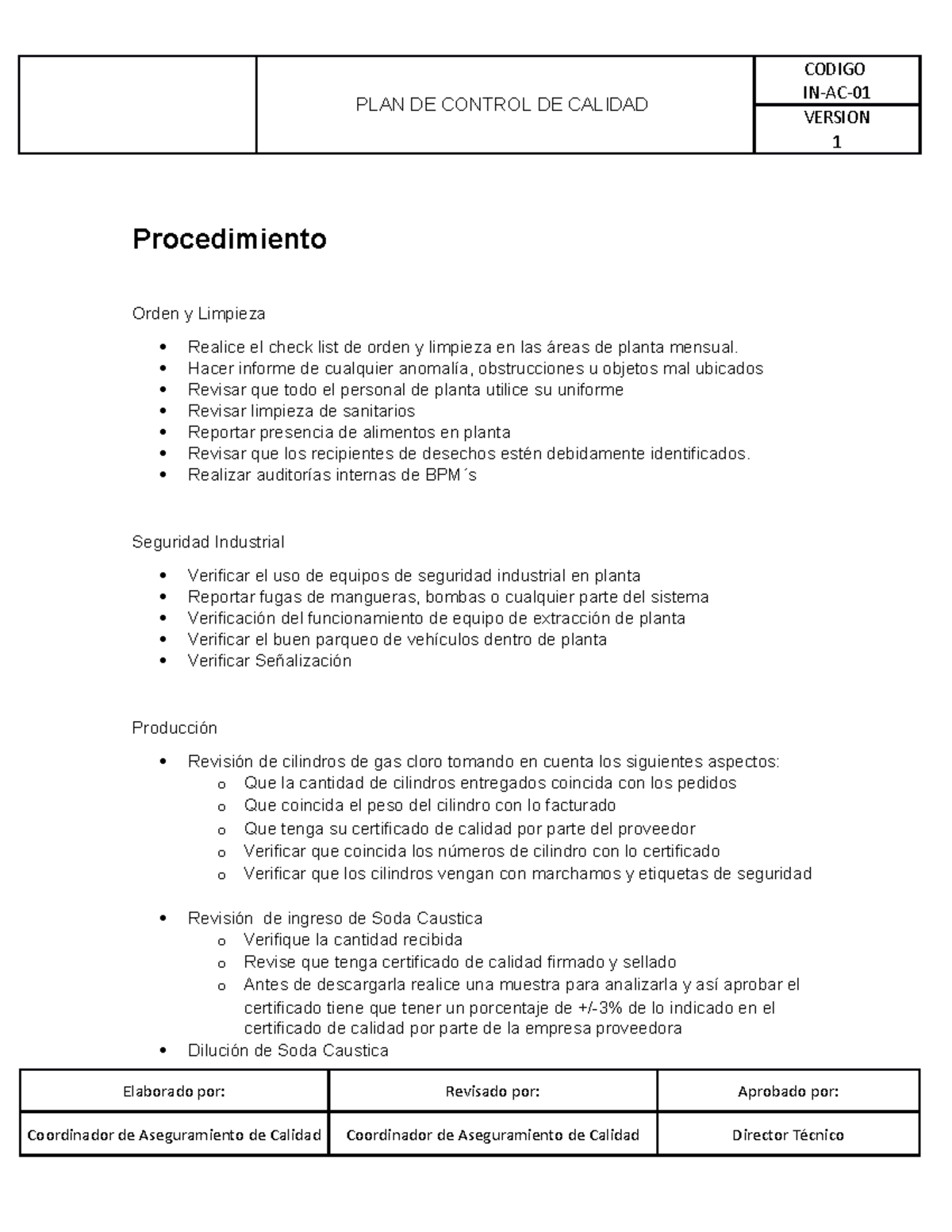 IN-AC-01 PLAN DE Control DE Calidad v - PLAN DE CONTROL DE CALIDAD ...