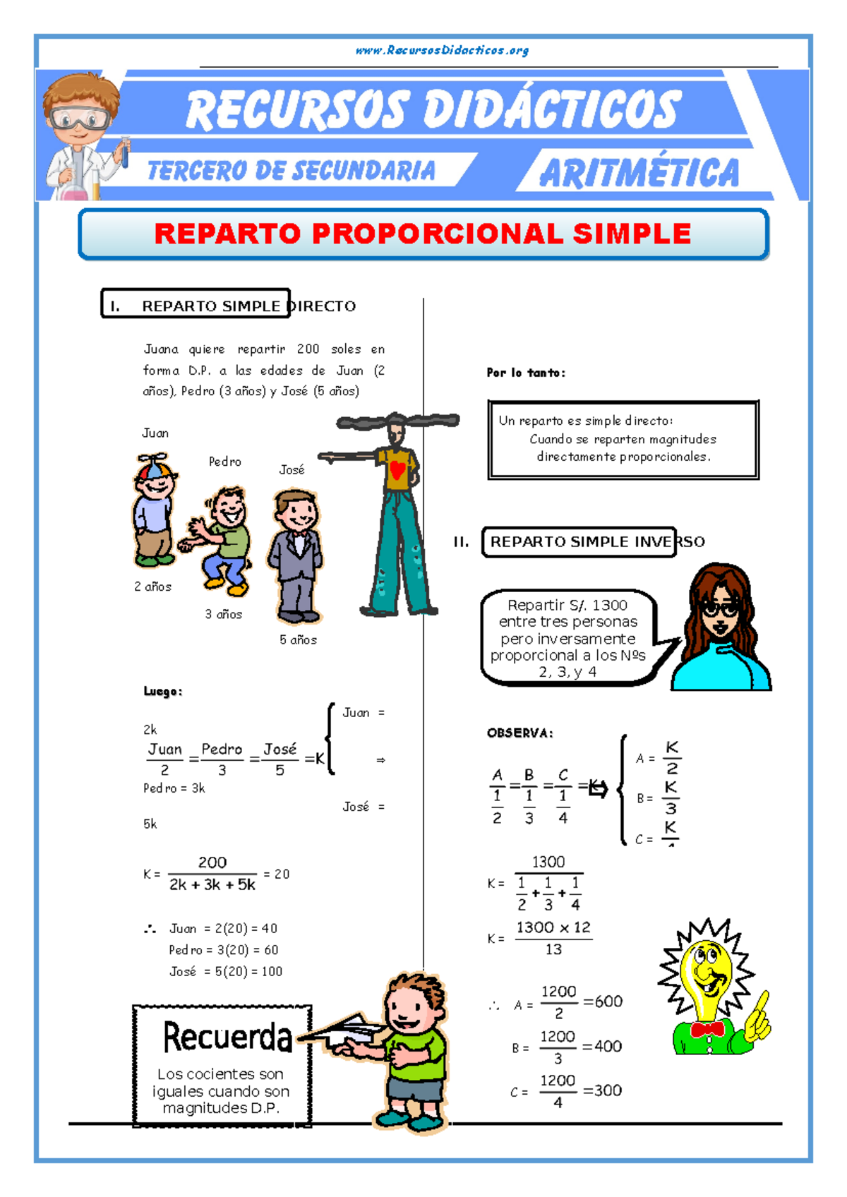 Ejercicios de Reparto Proporcional para Tercero de Secundaria - REPARTO ...
