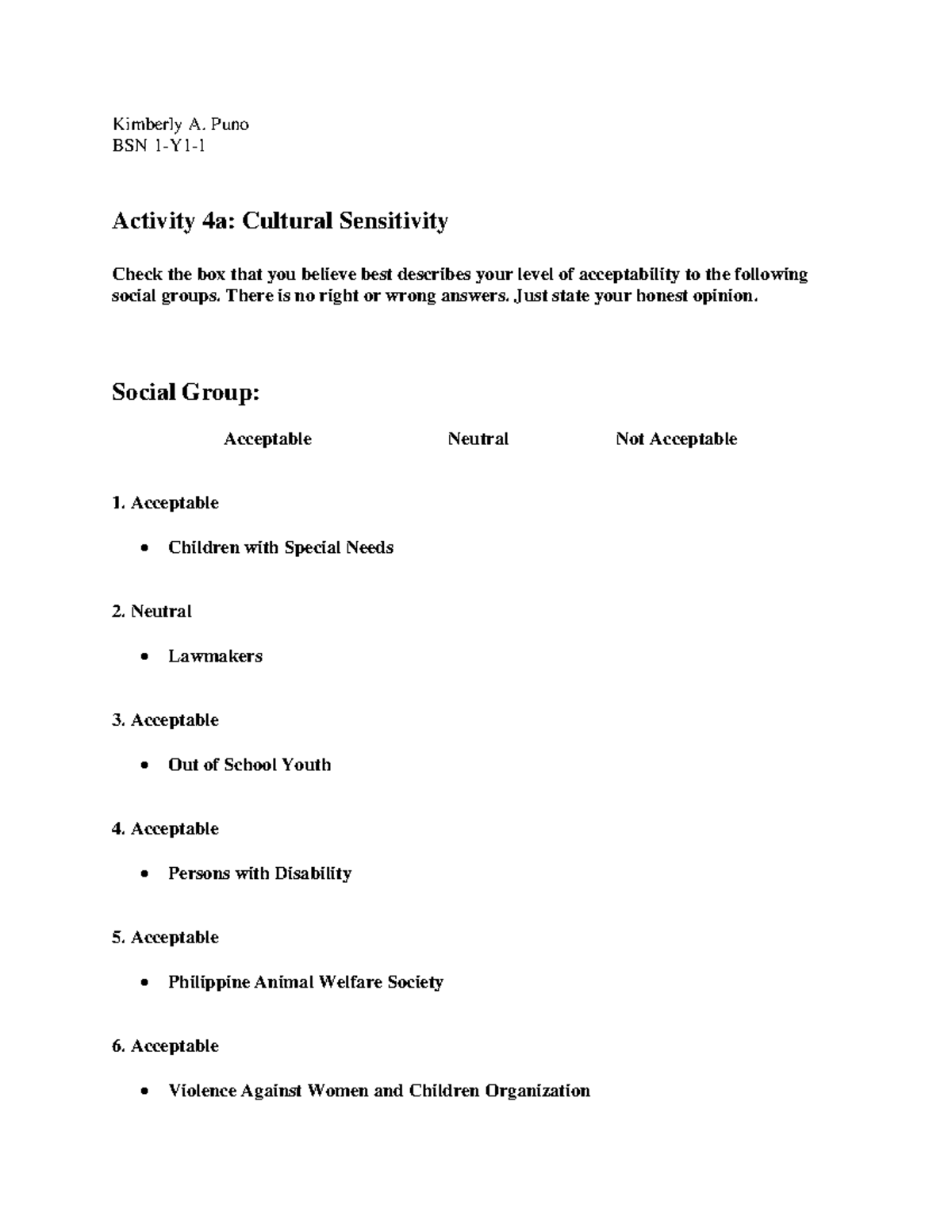 Activity 4 - Kimberly A. Puno BSN 1-Y1- Activity 4a: Cultural ...