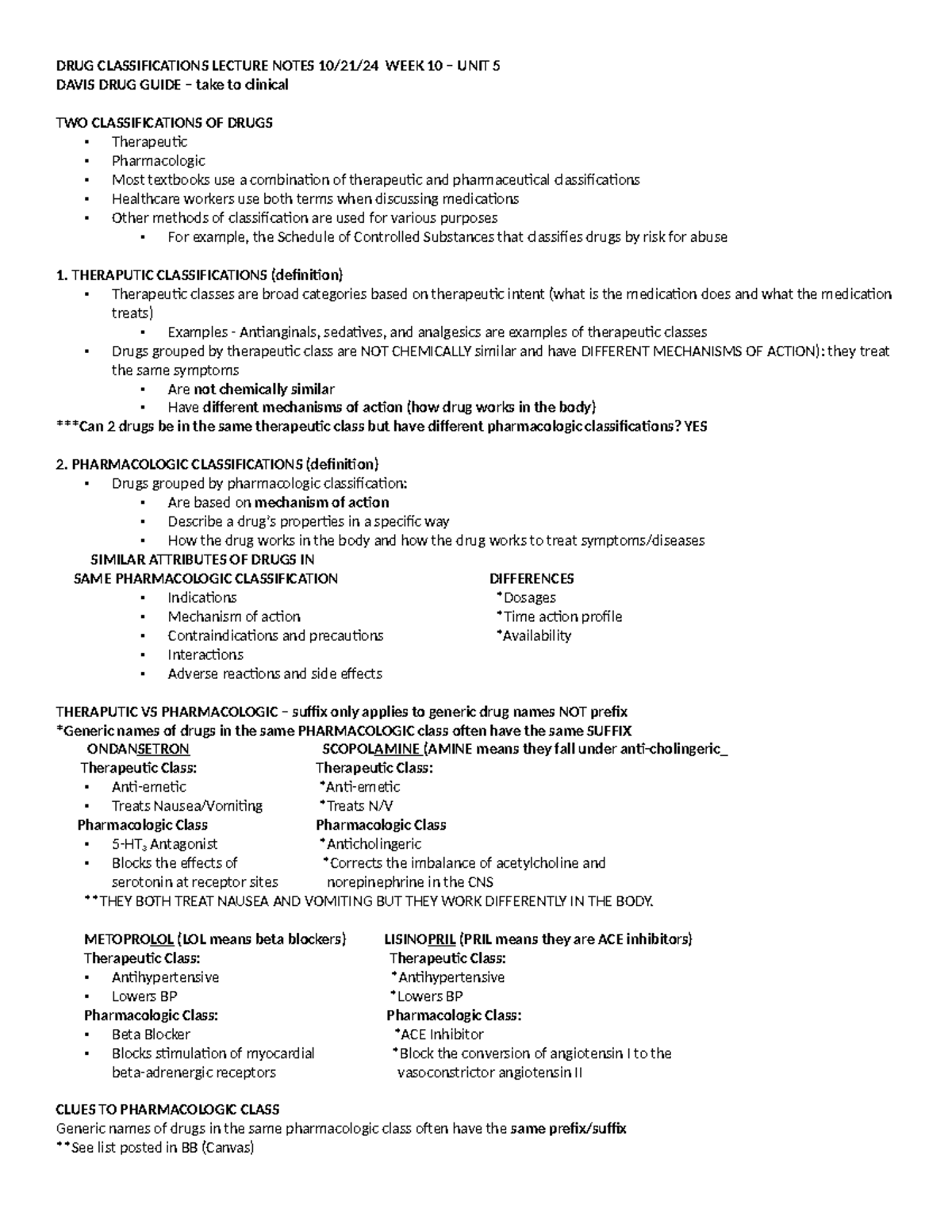 DRUG Classifications Lecture Notes - DRUG CLASSIFICATIONS LECTURE NOTES ...