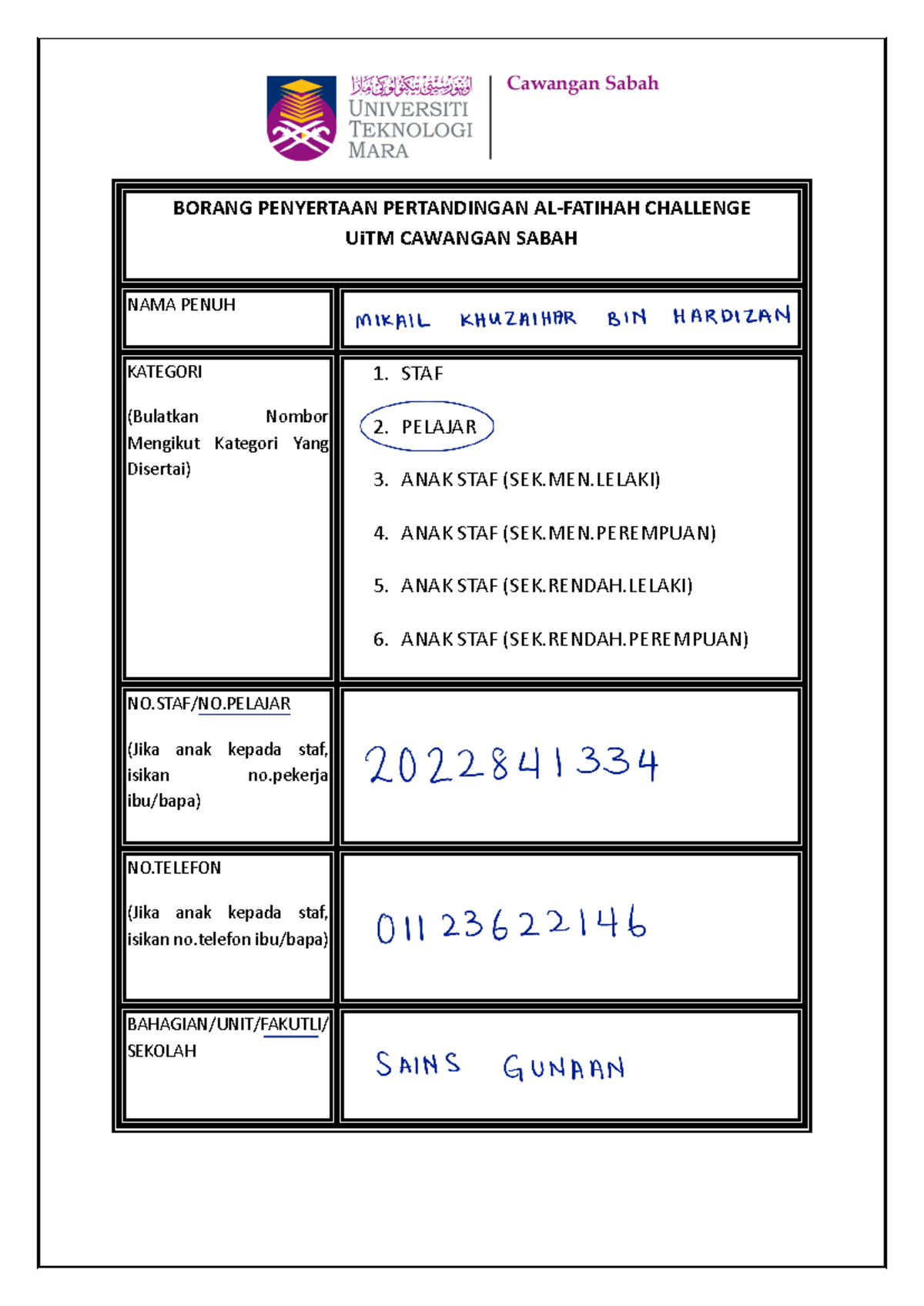 Borang Penyertaan - Applied Sciences - BORANG PENYERTAAN PERTANDINGAN AL-FATIHAH CHALLENGE UiTM ...