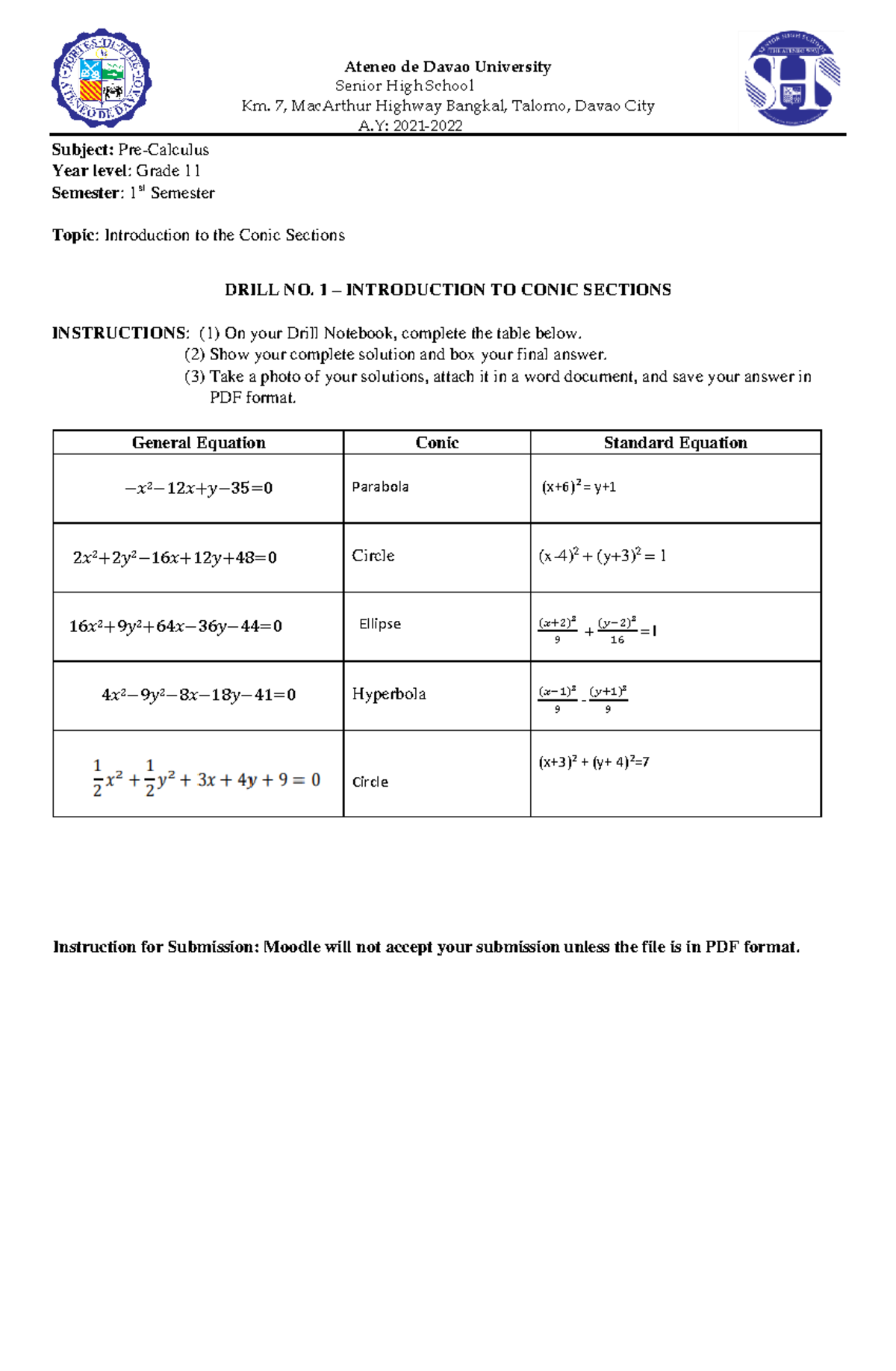 Moodle Drill 1 Introduction to Conic Sections - Subject: Pre-Calculus Year level: Grade 11 ...
