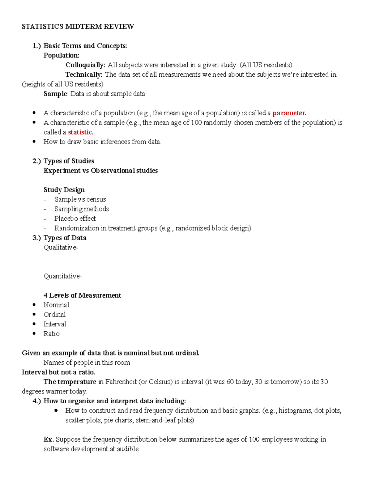 Statistics Midterm Review - STATISTICS MIDTERM REVIEW 1.) Basic Terms and Concepts: Population ...