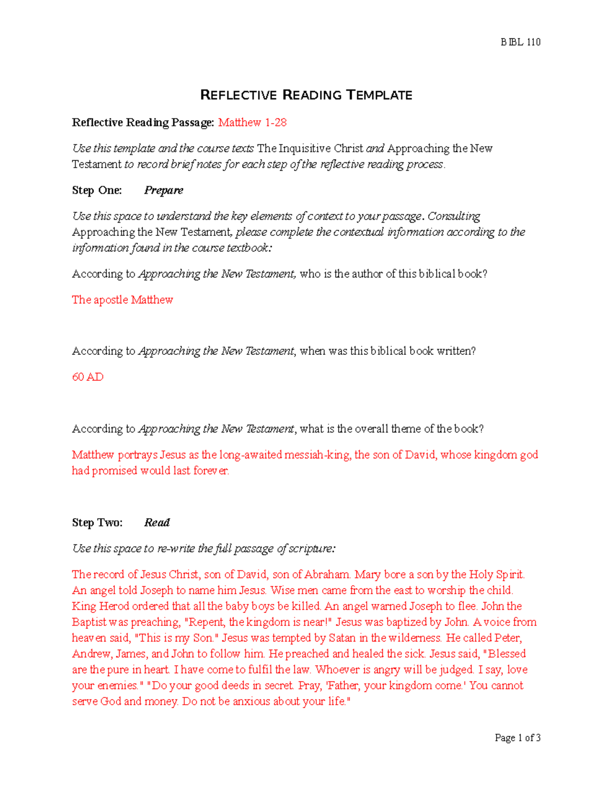 Reflective Reading Matthew - BIBL 110 REFLECTIVE READING TEMPLATE ...