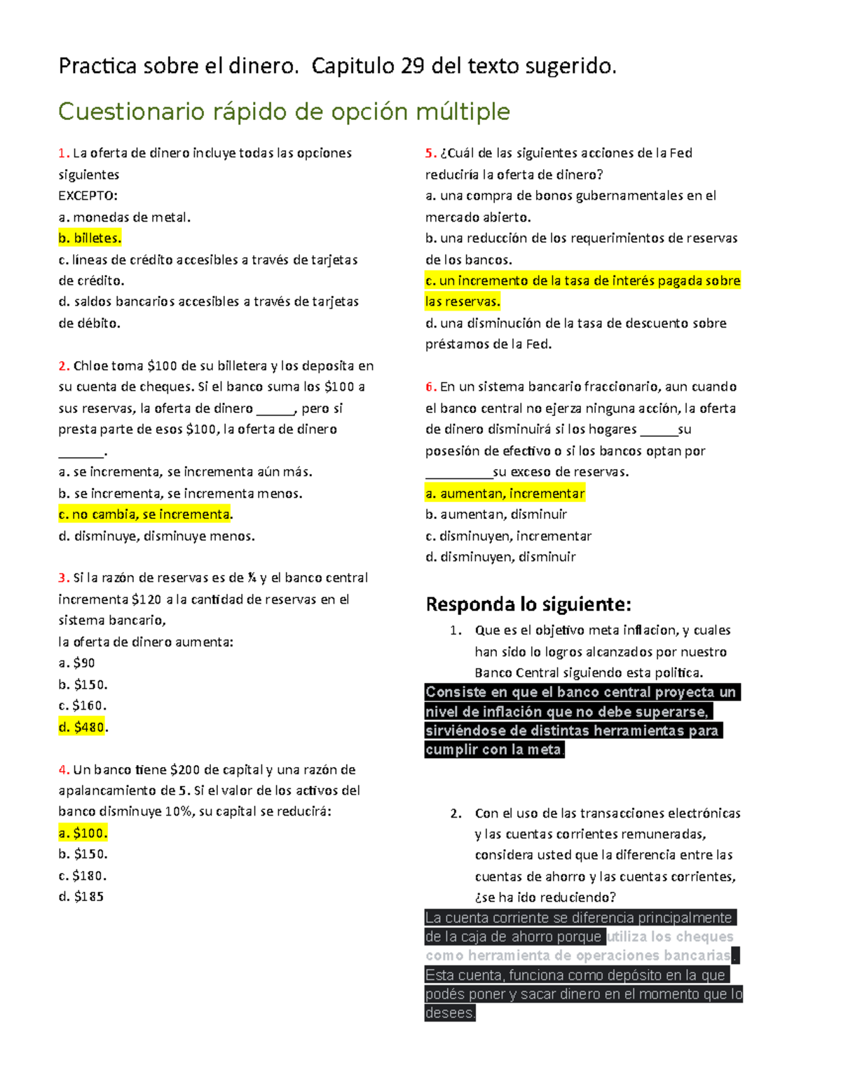 Practica sobre el dinero y la politica monetaria capitulo 29 - Practica ...