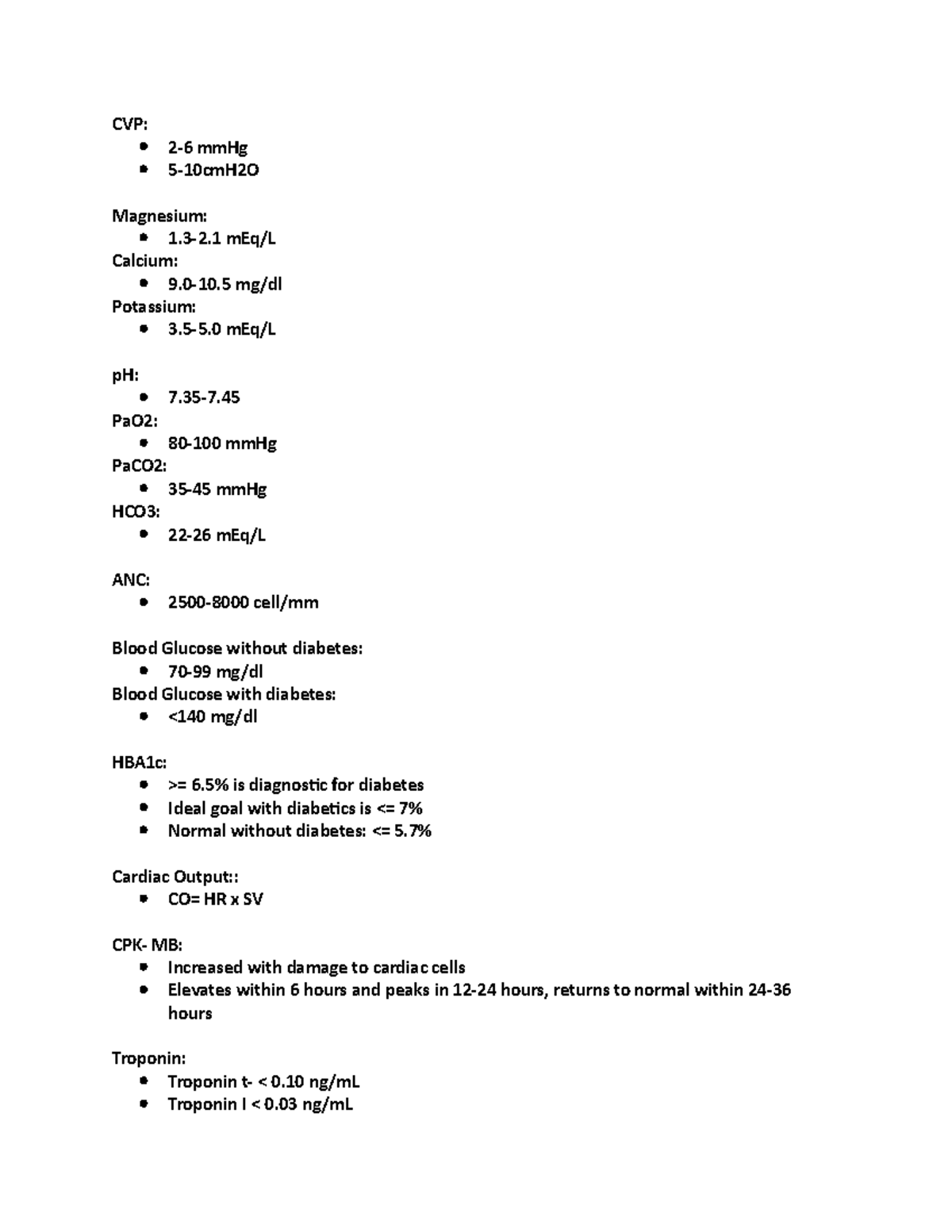 Hurst Review Lab Values - CVP: 2-6 mmHg 5-10cmH2O Magnesium: 1.3-2 mEq ...
