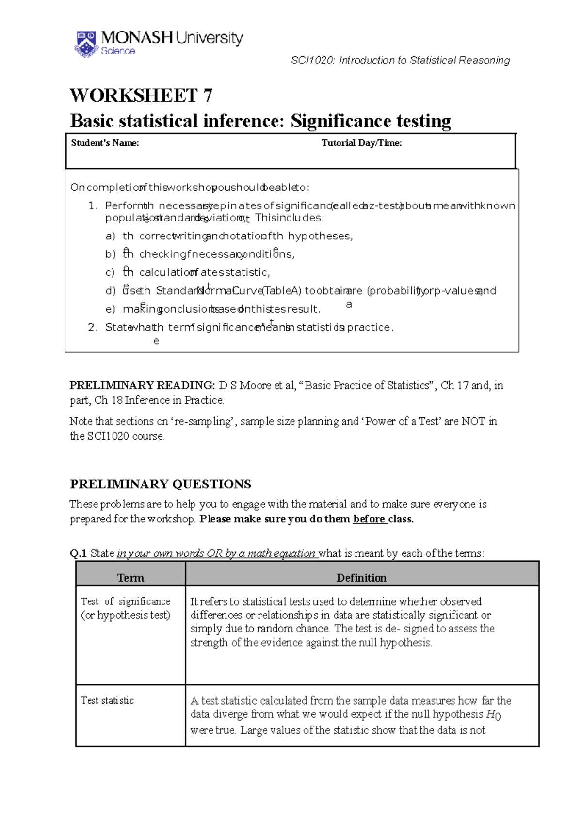 Worksheet 7 - Sample Answers - SCI1020: Introduction to Statistical ...