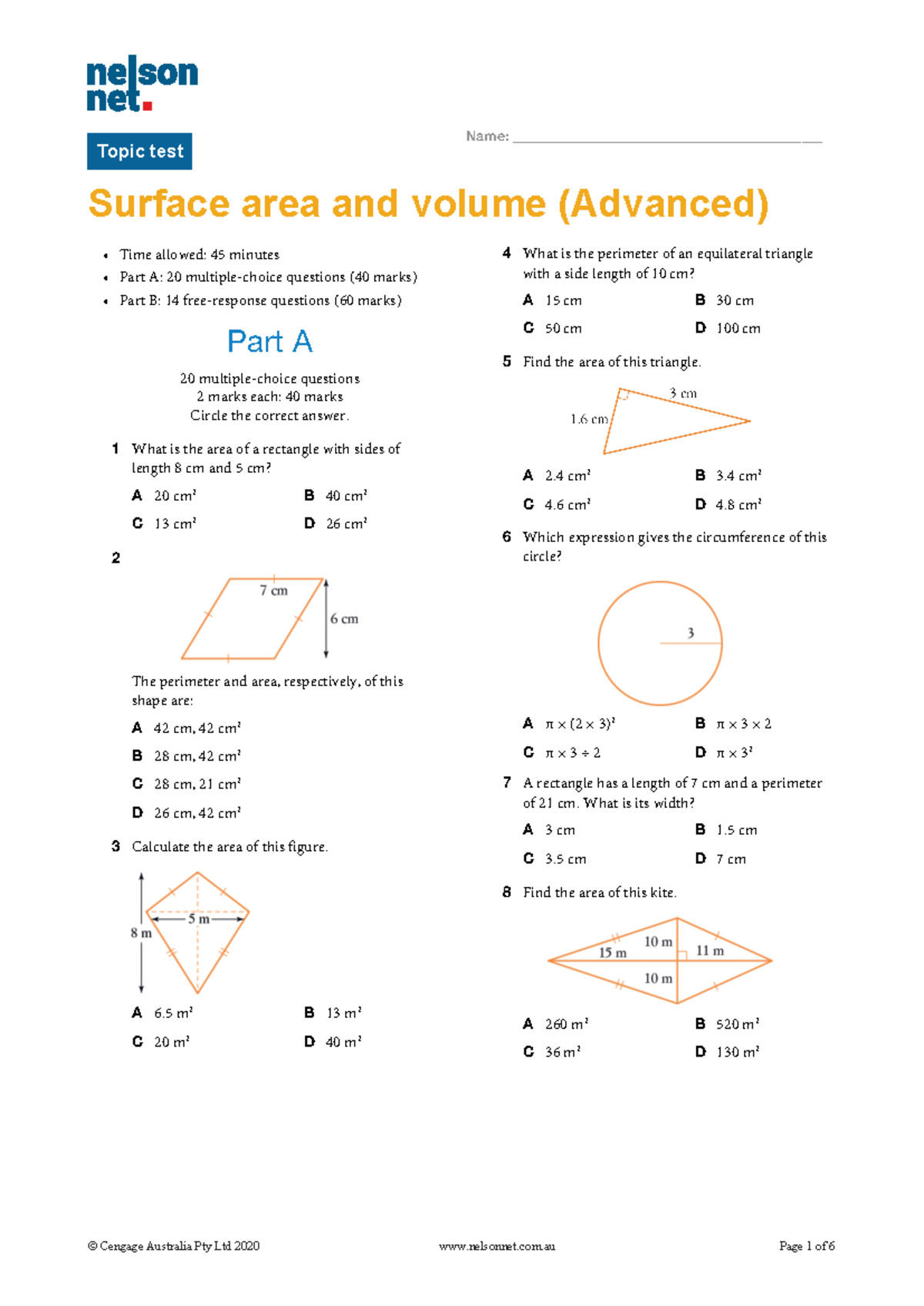 10 Surface Area and Volume - Topic test Surface area and volume ...