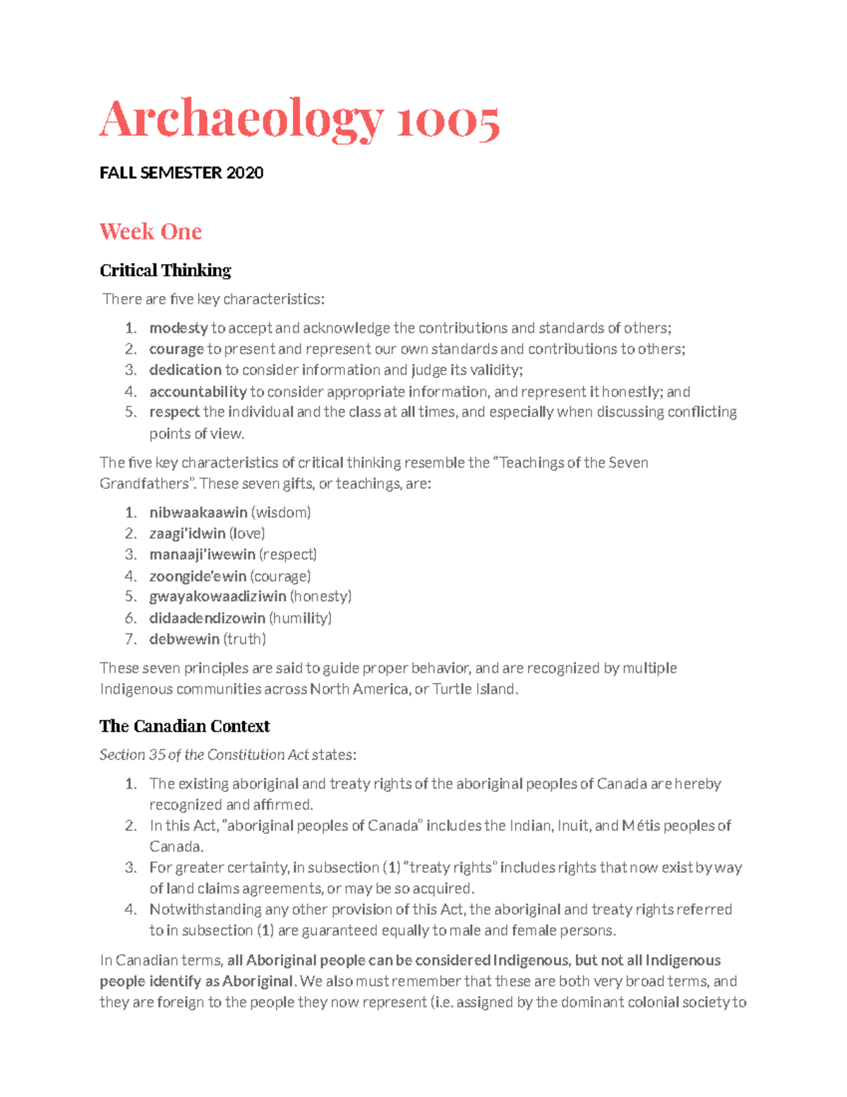 Archaeology 1005 - lecture notes - Archaeology 1005 FALL SEMESTER 2020 ...