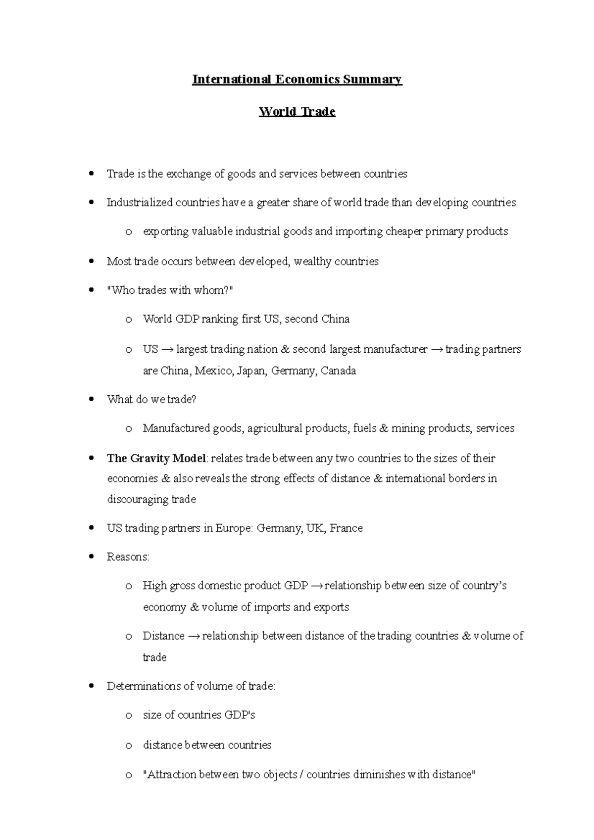 International Economics Summary world trade overview - International ...