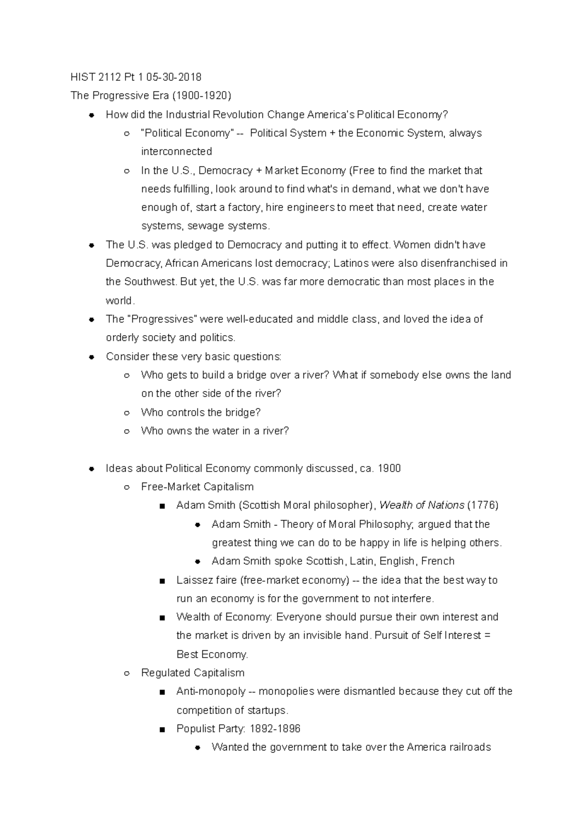 HIST 2112 - Exam 2 Notes - HIST 2112 Pt 1 05-30- The Progressive Era ...