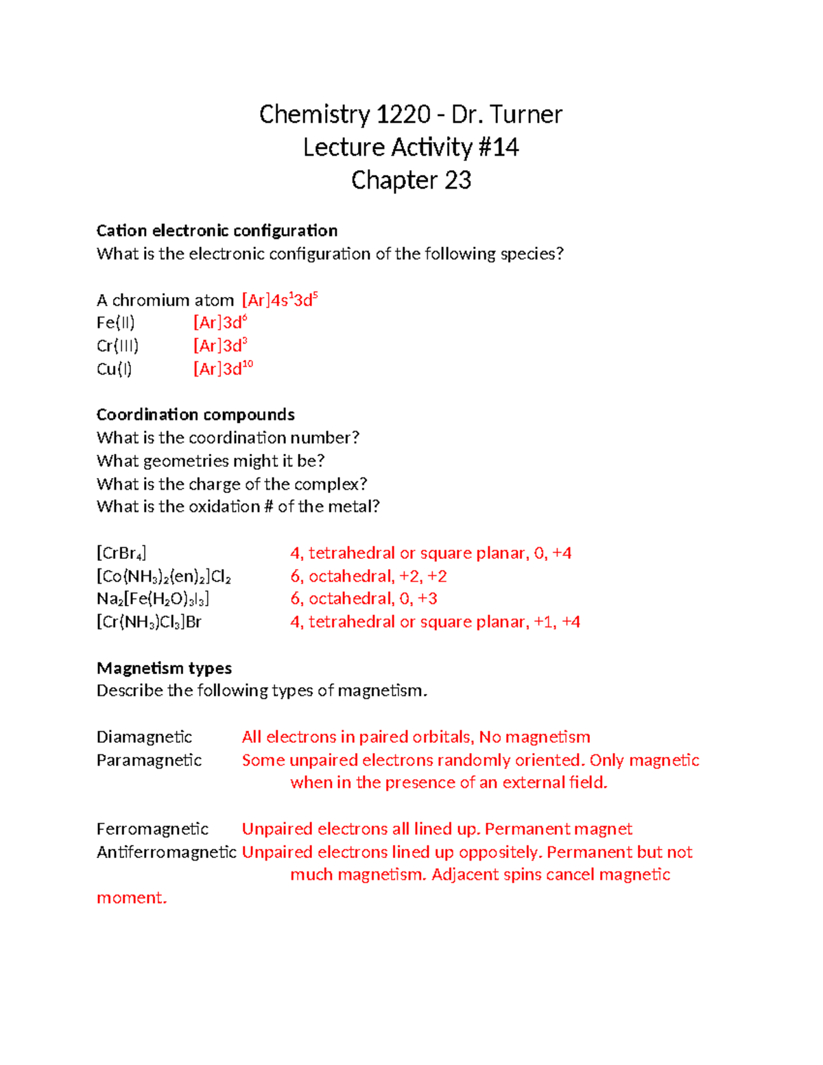 Key - Lecture Activity #14 (SU23) - Chemistry 1220 - Dr. Turner Lecture ...