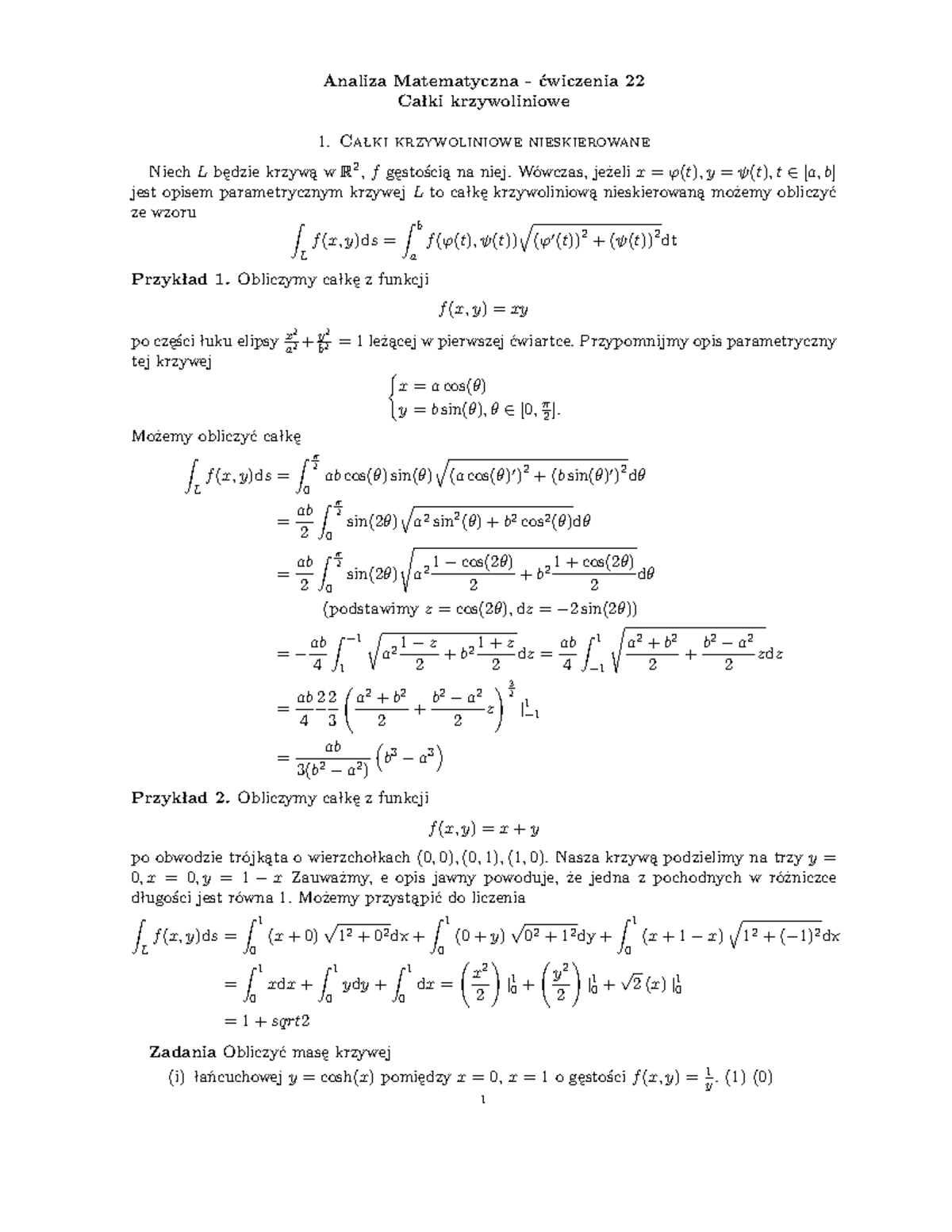 Całki krzywoliniowe pdf - Analiza Matematyczna - ćwiczenia 22 Całki ...