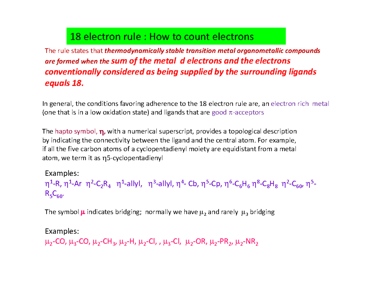 18 Electron Rule - notes - 18 electron rule : How to count electrons ...