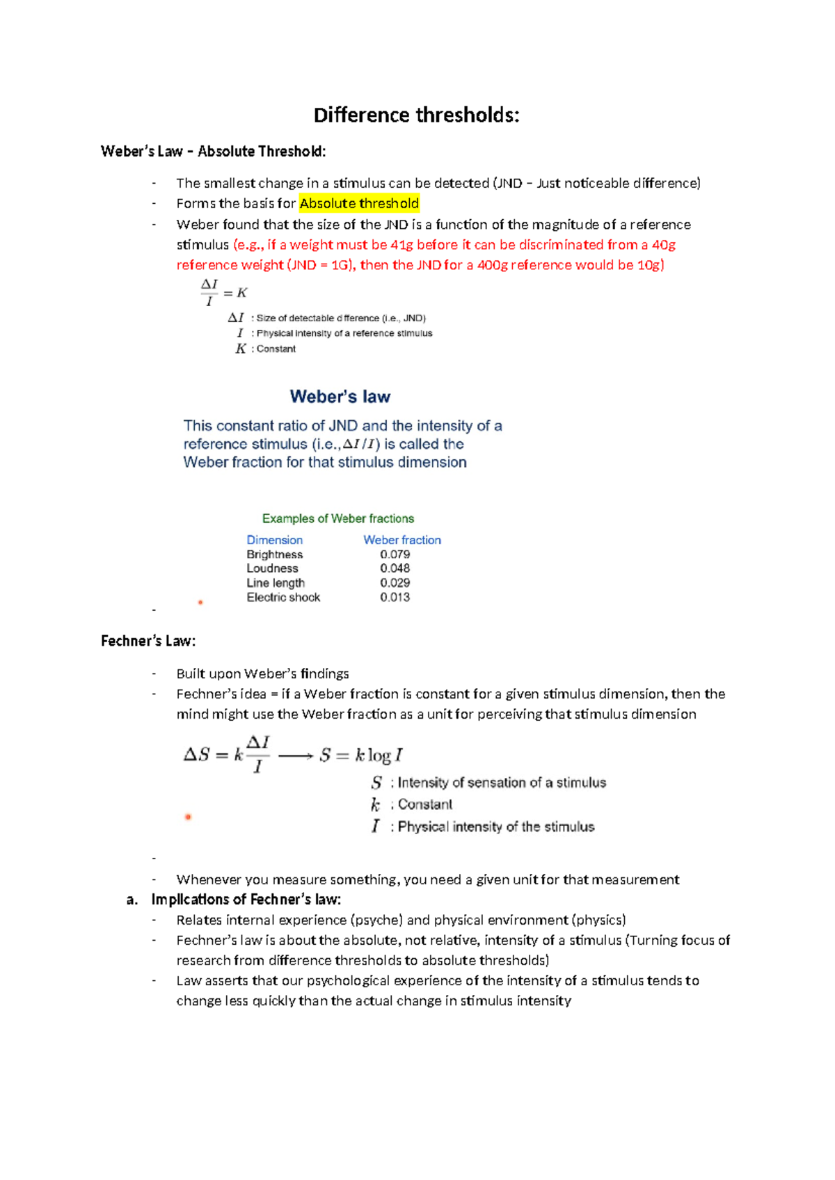 W4 summary - psychophysics - Difference thresholds: Weber’s Law ...