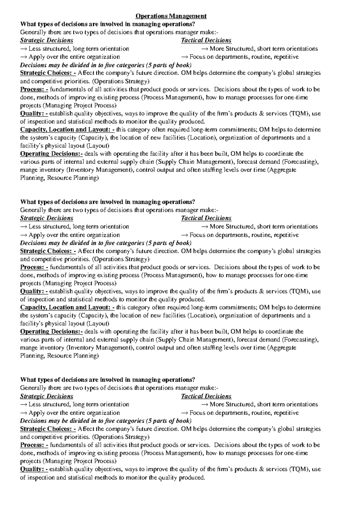 OM Notes - Operations Management What types of decisions are involved ...
