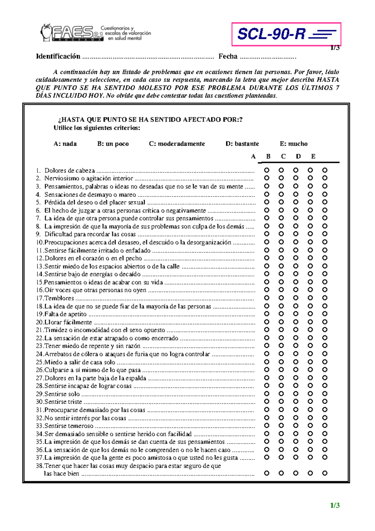 Test-SCL-90-R - Cuestionario de 90 Síntomas (Revisado) - 1/ SCL-90-R 1 ...