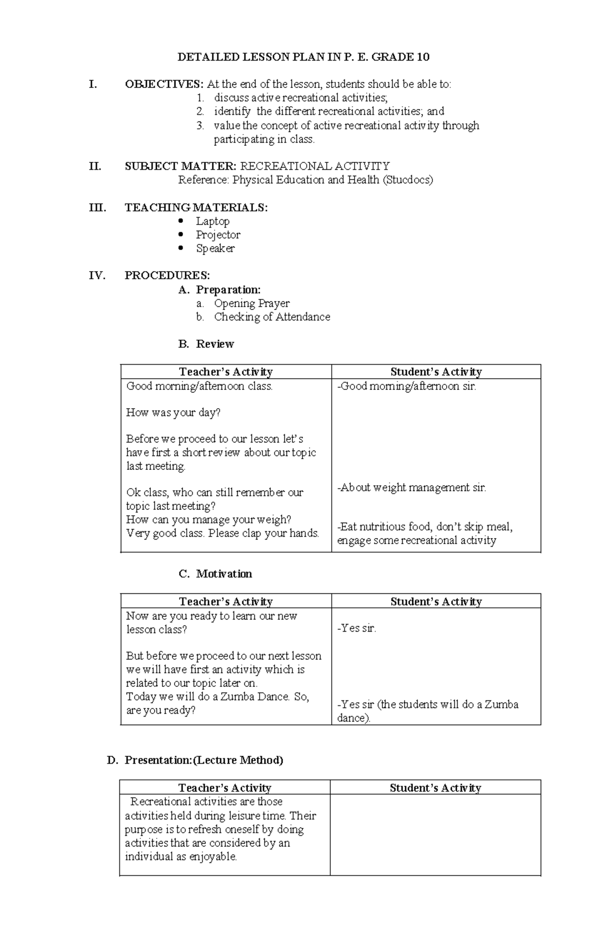 PE 12 - Recreational Activities - DETAILED LESSON PLAN IN P. E. GRADE ...