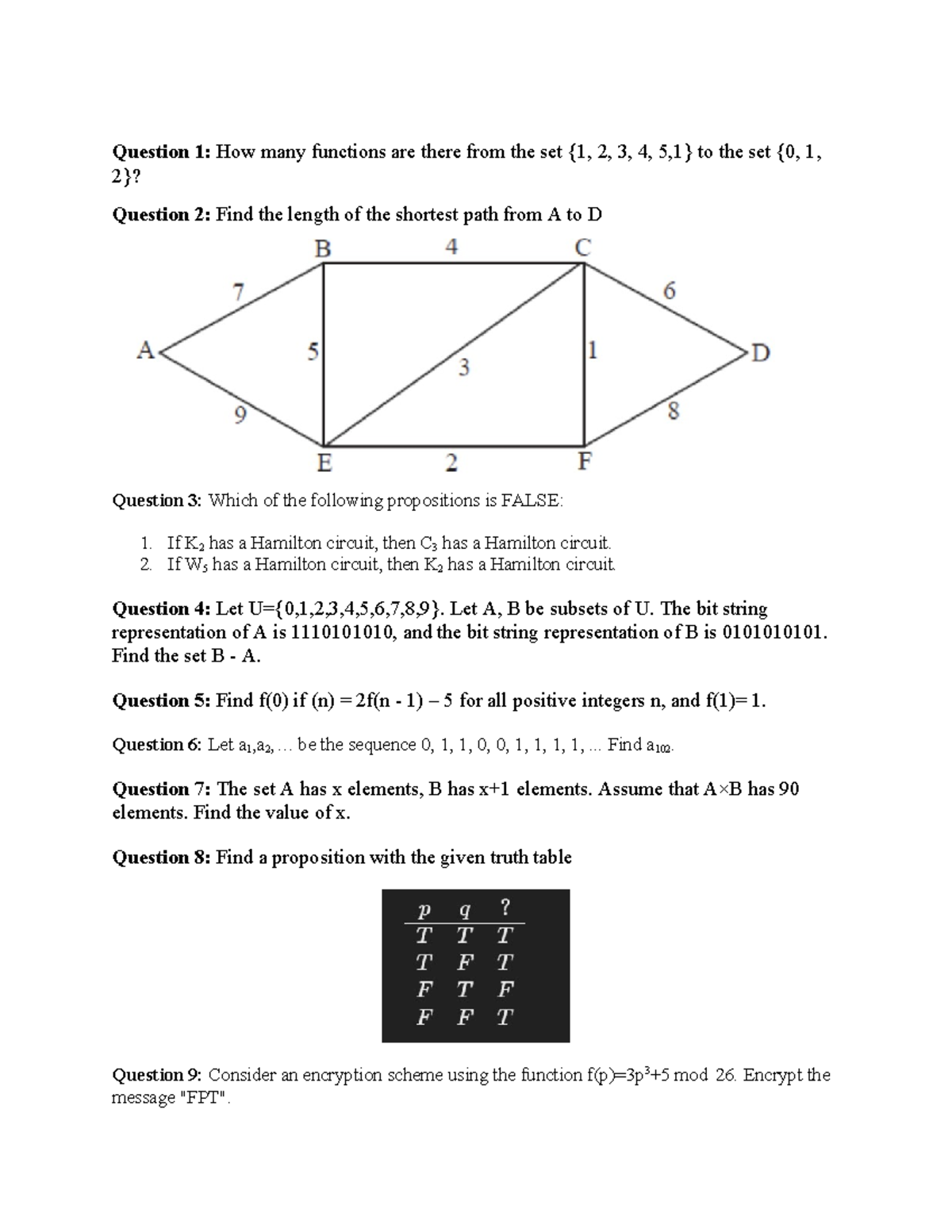 practice MAD101 final exam overview - Question 1: How many functions are there from the set {1 ...