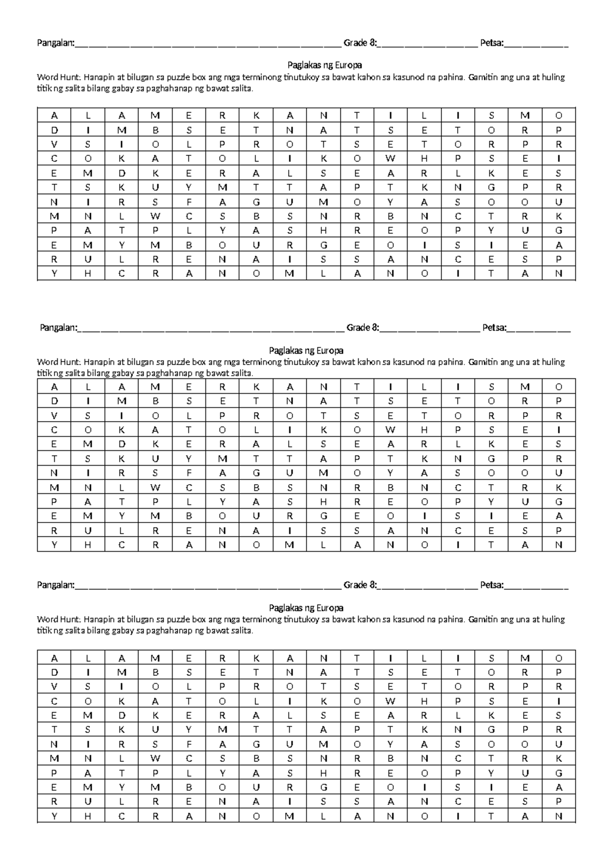 WORD HUNT Paglakas ng Europa - Pangalan