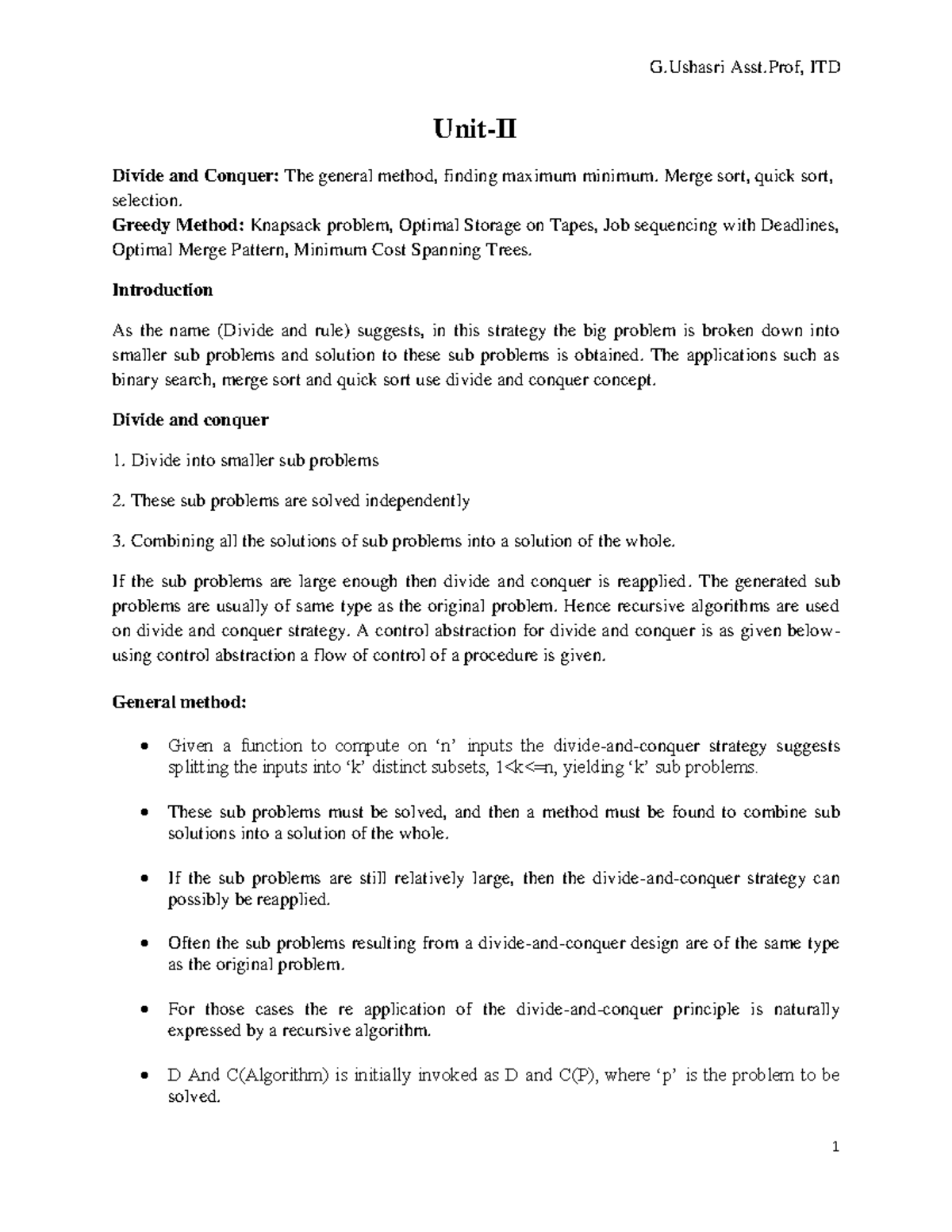Unit-2 Notes (2) drivelink - Unit-II Divide and Conquer: The general ...