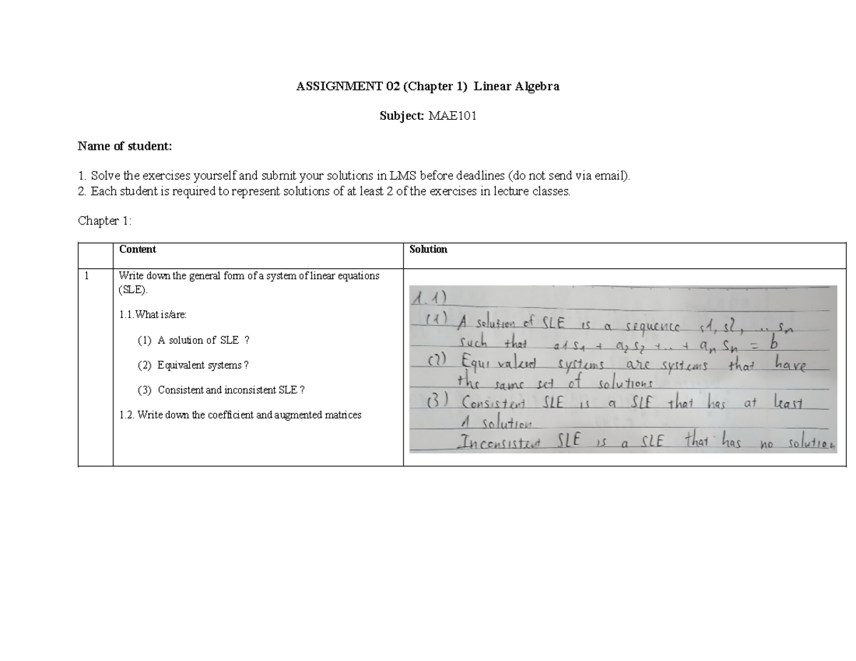Assignment 2-LA Chapter 1 - ASSIGNMENT 02 (Chapter 1) Linear Algebra Subject: MAE Name of ...