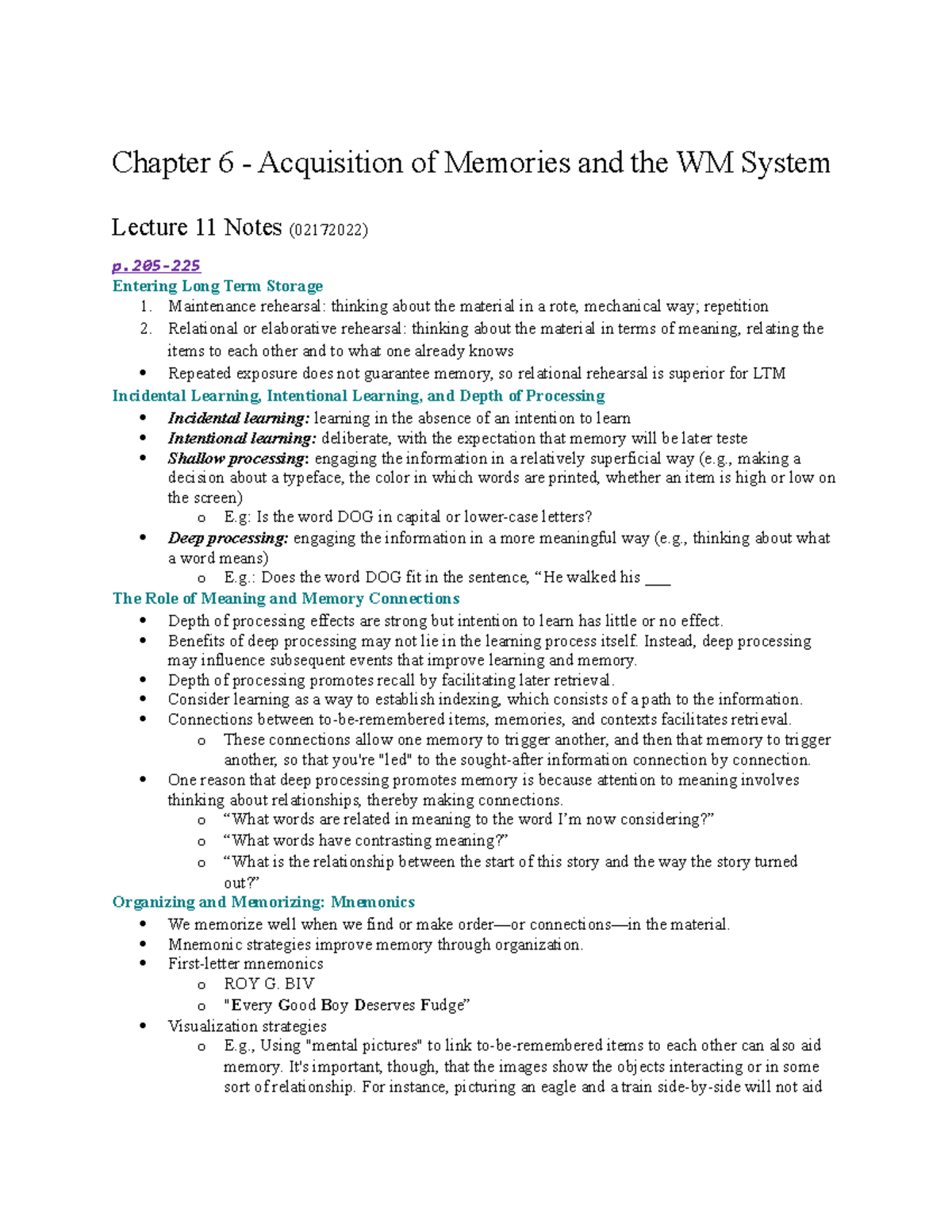 Lecture 11: Acquisition of Memories and the WM System pt.2 - Chapter 6 ...