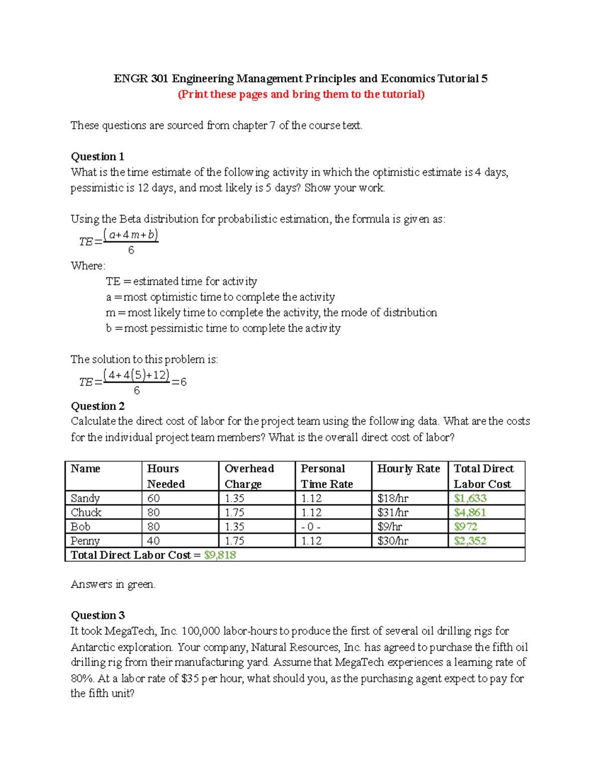 Tutorial 5 Solutions - ENGR 301 Engineering Management Principles and Economics Tutorial 5 ...