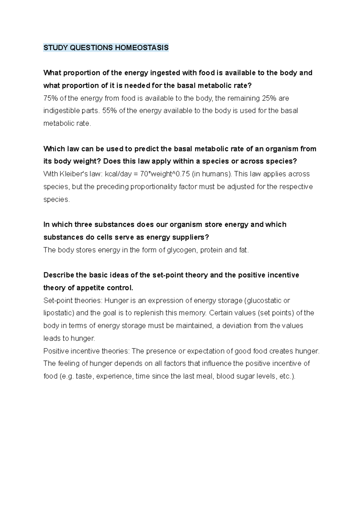 Study questions - Homeostasis - STUDY QUESTIONS HOMEOSTASIS What ...