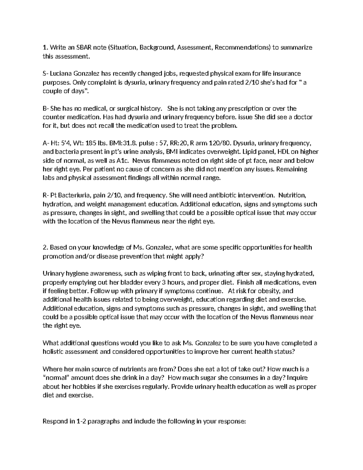 Health Assessment NR 305 Week2 Pt Gonzalez - Write an SBAR note ...