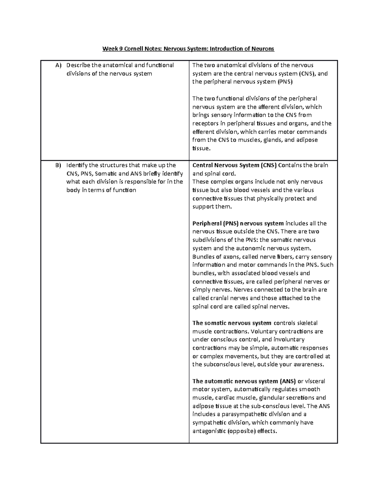 Week10day1 nervous system - Week 9 Cornell Notes: Nervous System ...