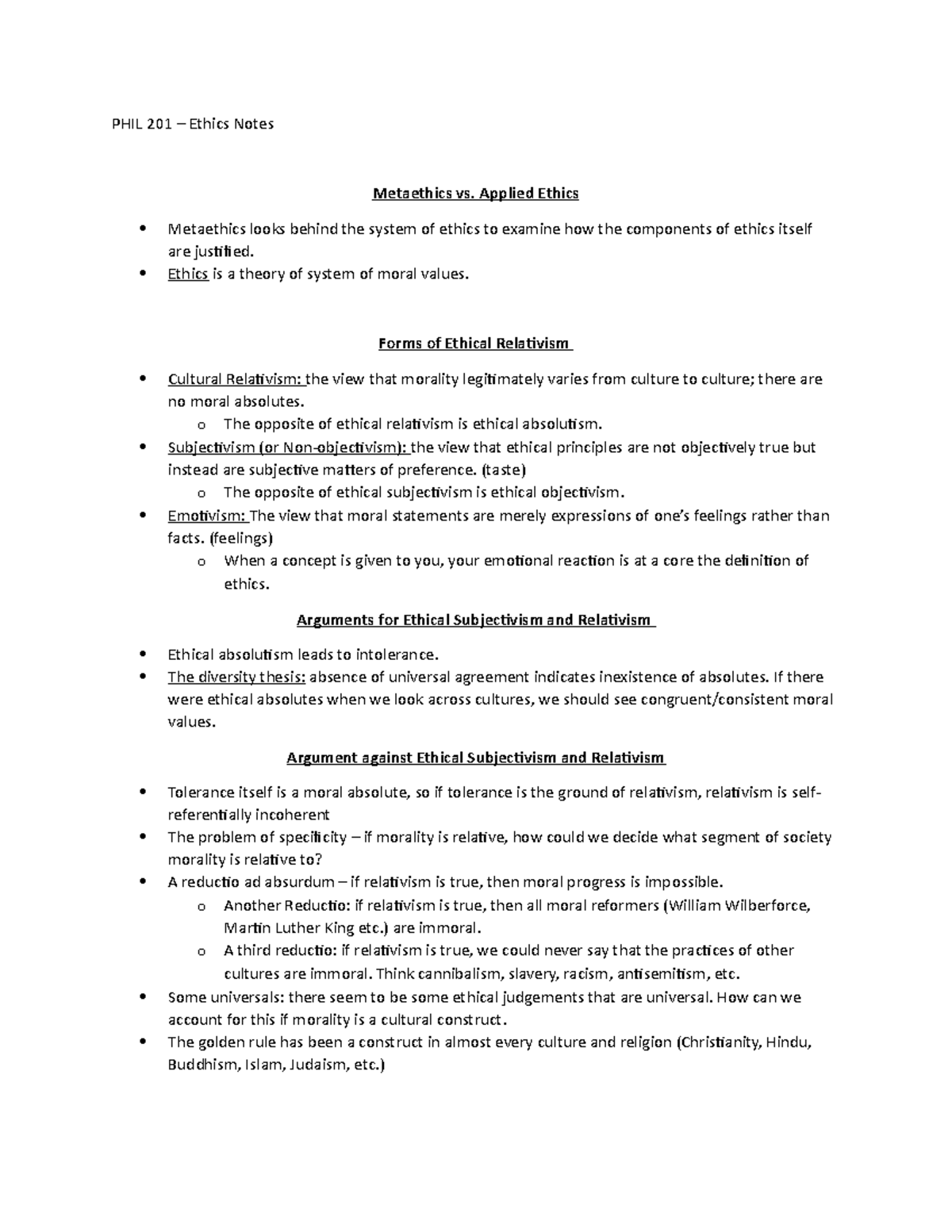 PHIL 201 - Ethics Notes - PHIL 201 – Ethics Notes Metaethics vs ...