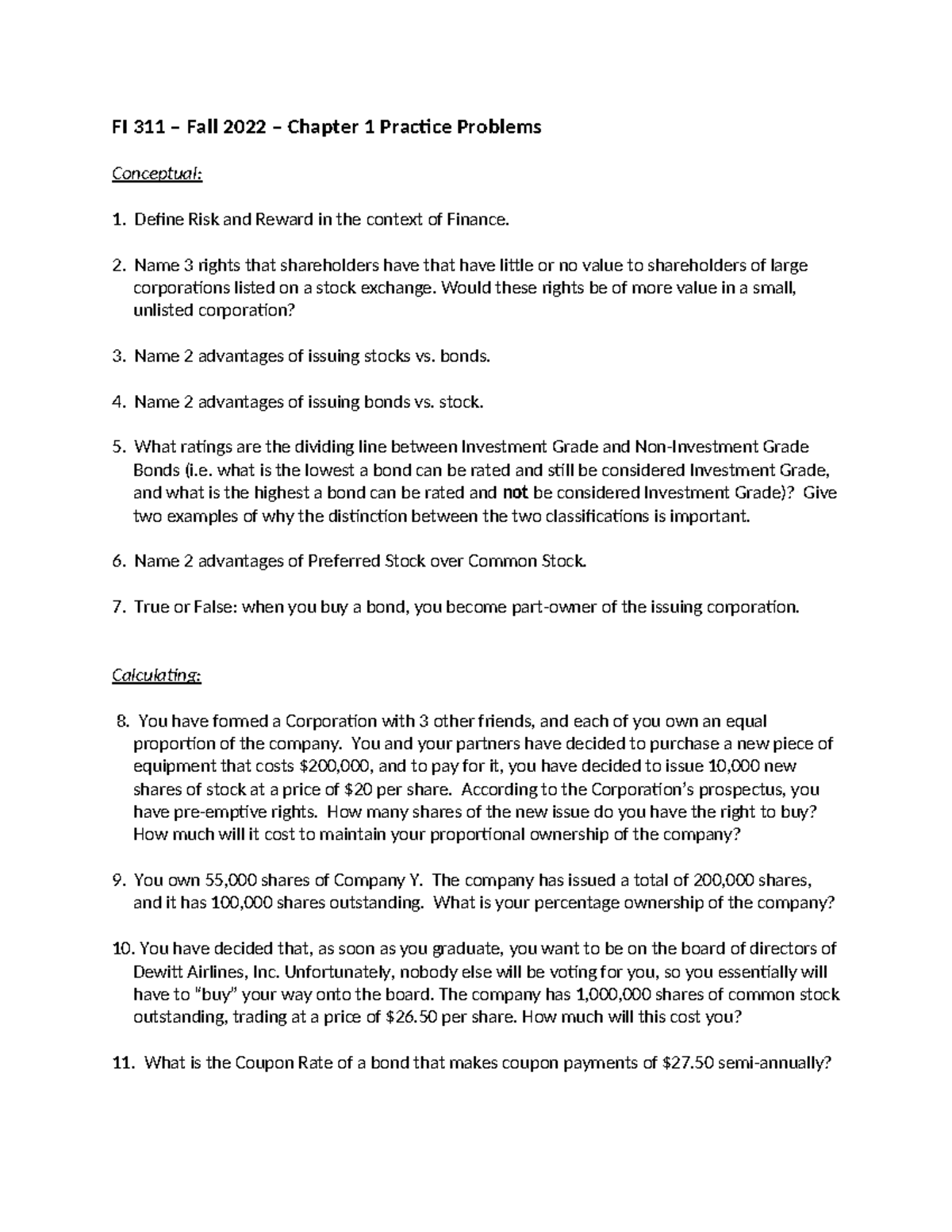 Chapter 1 Practice Problems - FI 311 – Fall 2022 – Chapter 1 Practice Problems Conceptual: 1 ...