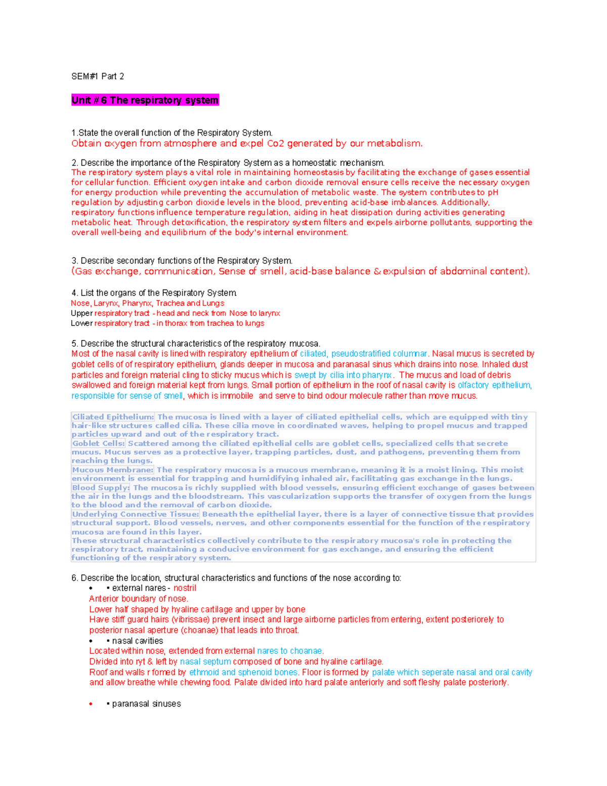 Sem #1 part 2 Anatomy outline - SEM#1 Part 2 Unit # 6 The respiratory ...