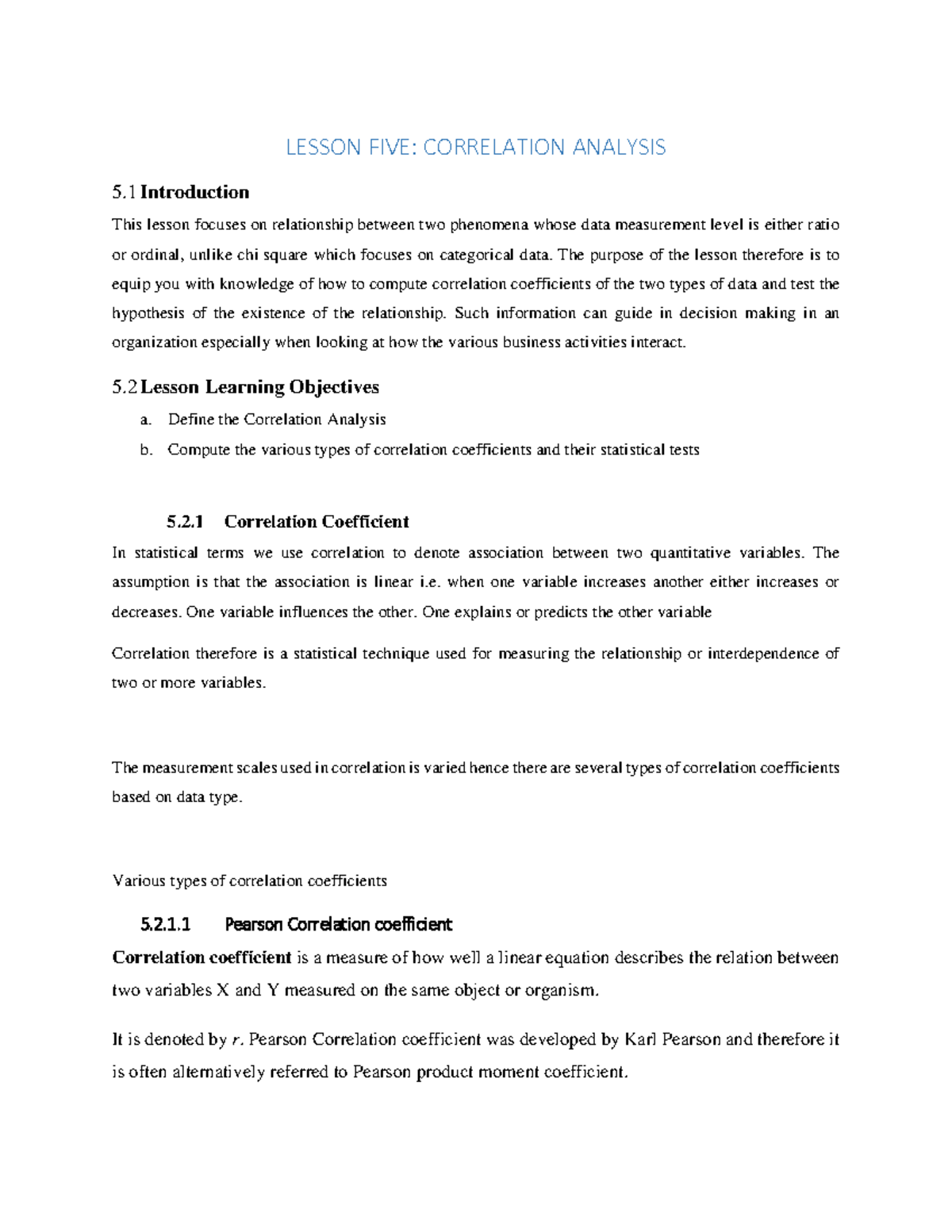Correlation and regression - LESSON FIVE: CORRELATION ANALYSIS 5 Introduction This lesson ...
