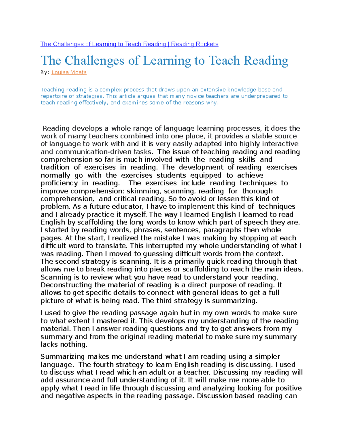 The Challenges of Learning to Teach Reading - Strategic Management ...