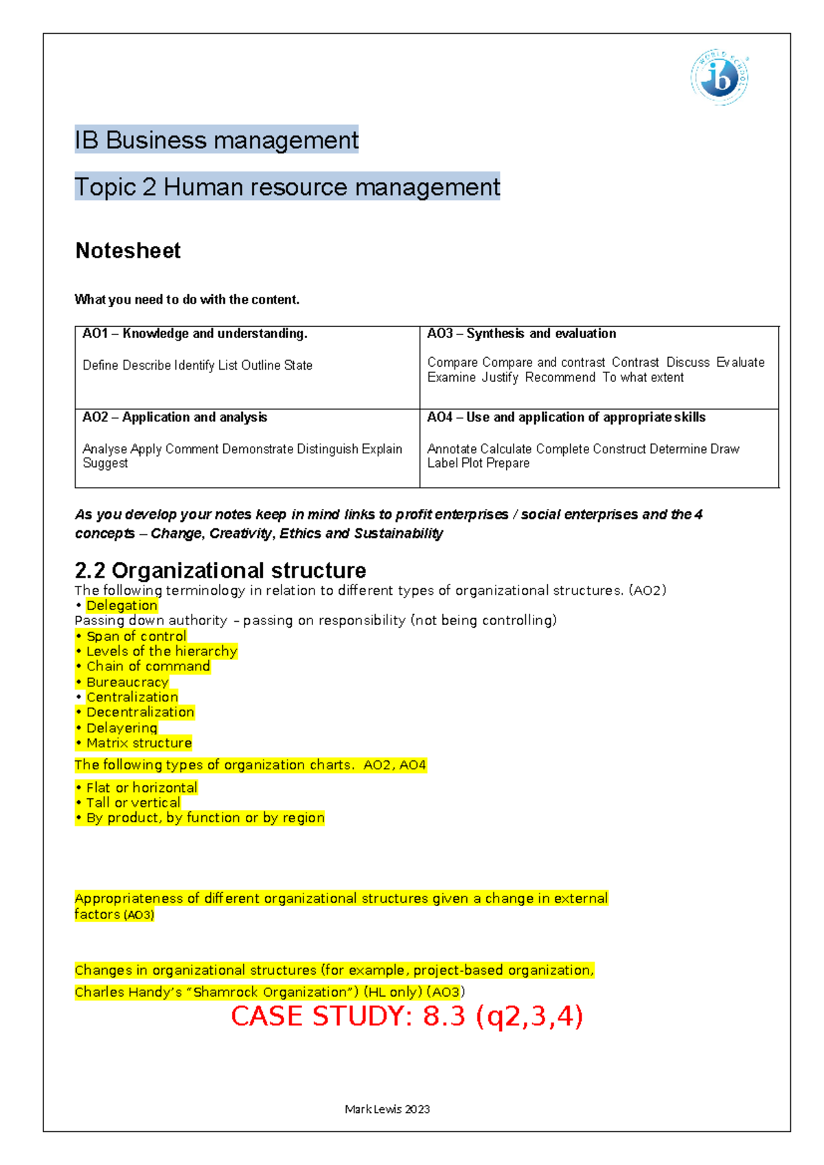 2.2 Organizational structure Notesheet - IB Business management Topic 2 ...