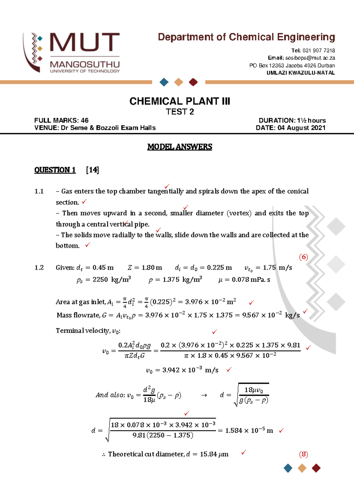 CHPL332 Test 2 1-2021 Model Answers - Department of Chemical ...