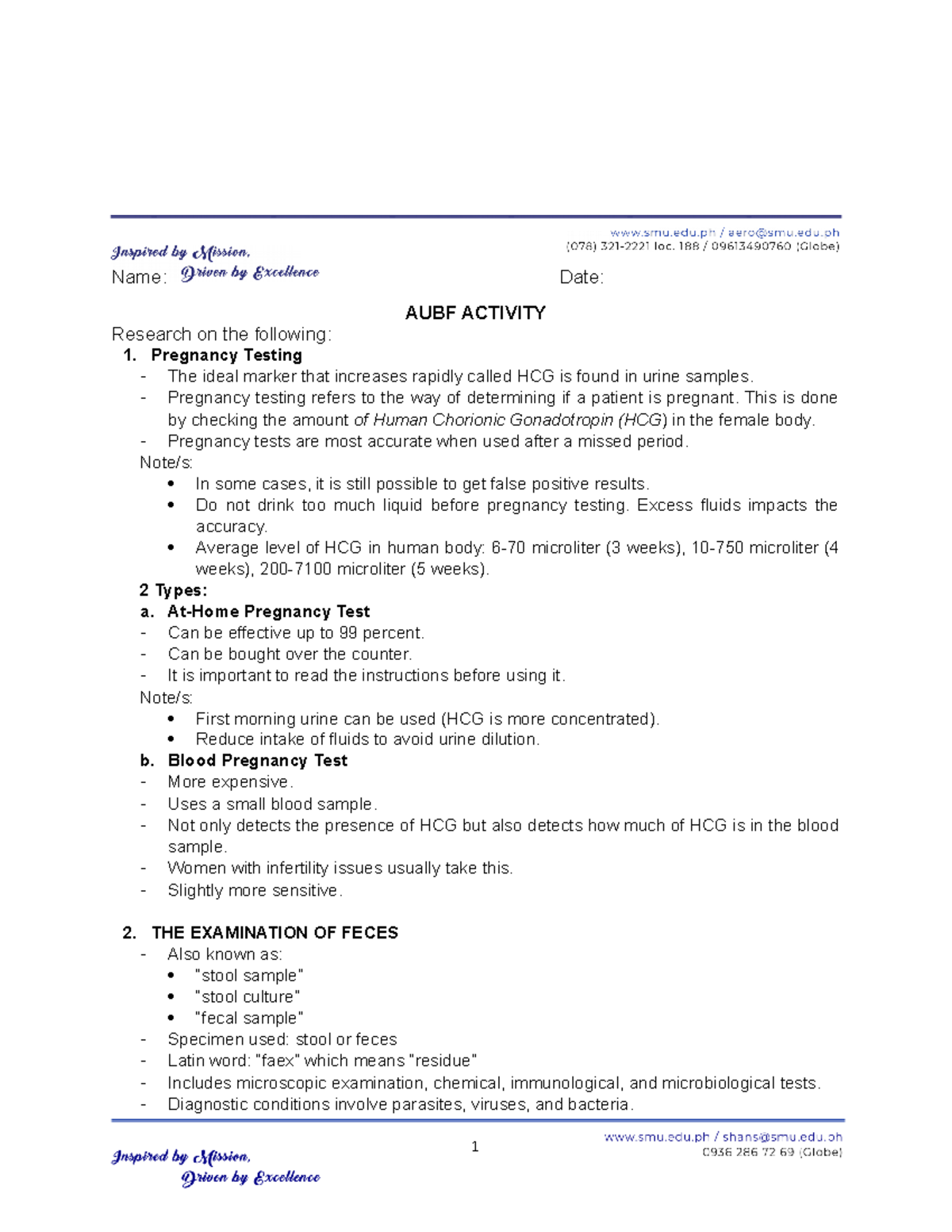 Aubf - analysis of urine and body fluids - Name: Date: AUBF ACTIVITY ...