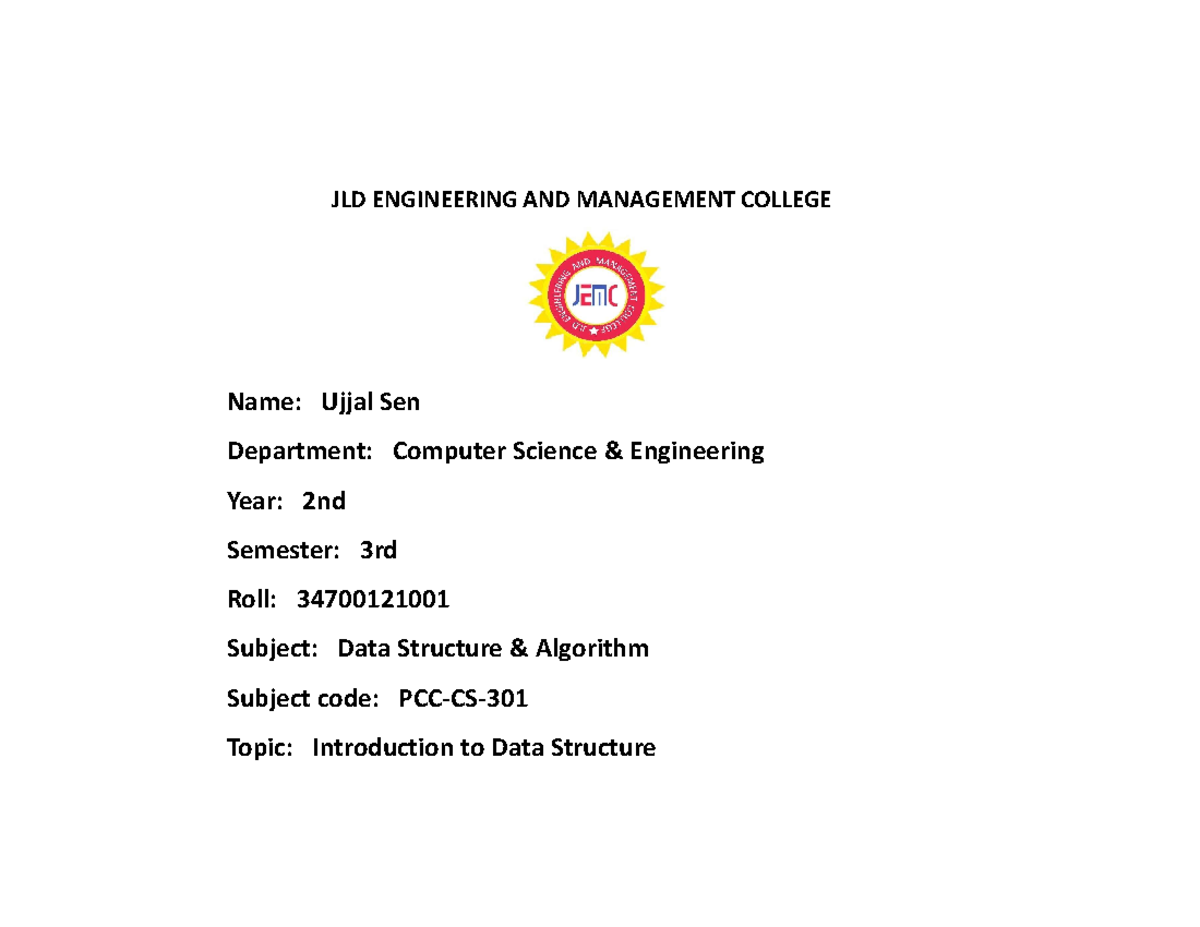 Inttroduction to data structure pdf - JLD ENGINEERING AND MANAGEMENT ...