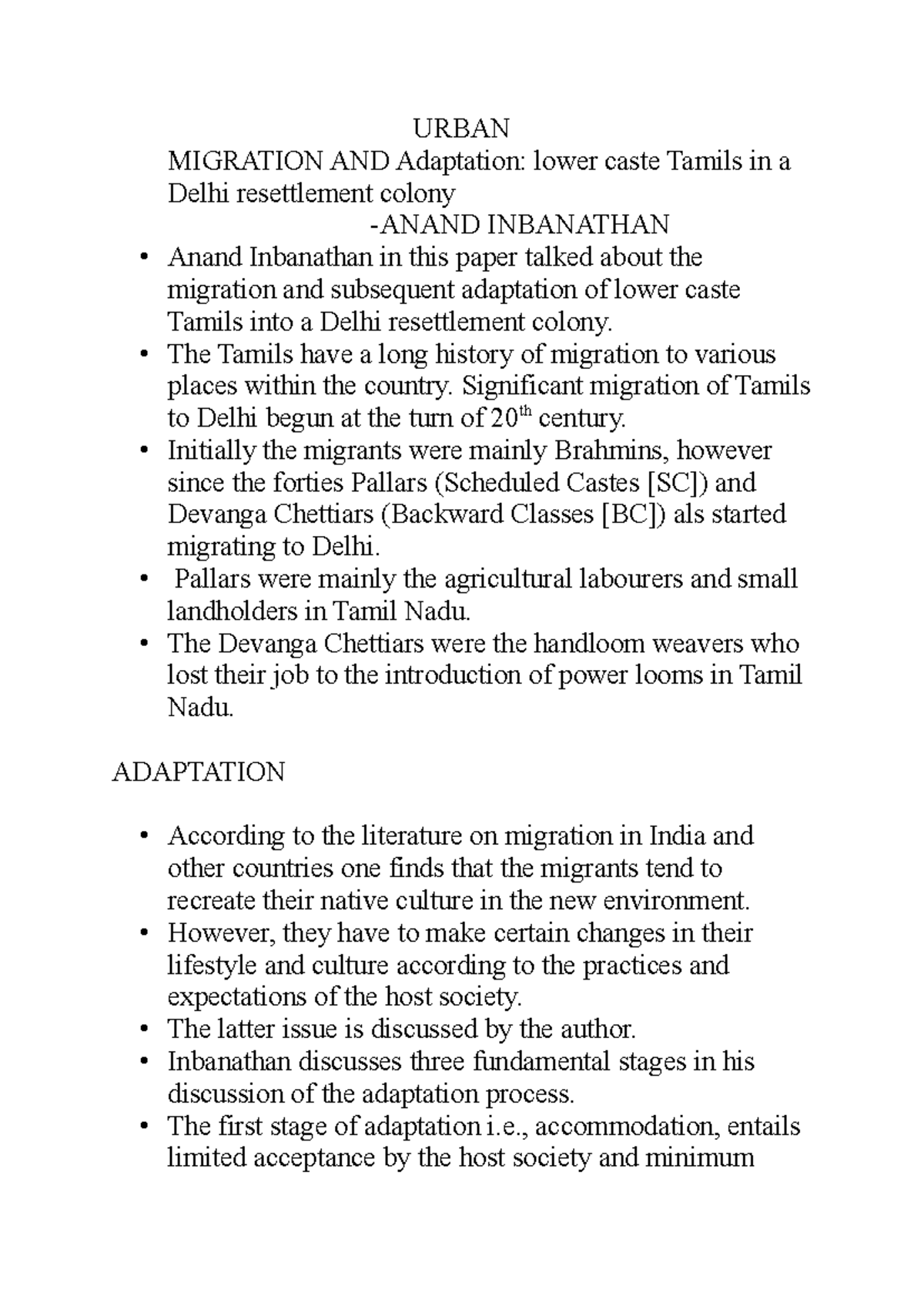 Anand inbanathan summary - URBAN MIGRATION AND Adaptation: lower caste ...