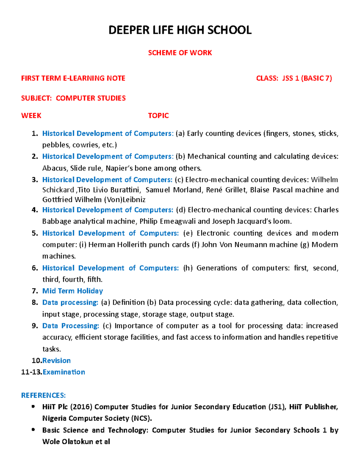 Basic 7 1ST TERM COMP STD - DEEPER LIFE HIGH SCHOOL SCHEME OF WORK FIRST TERM E-LEARNING NOTE ...